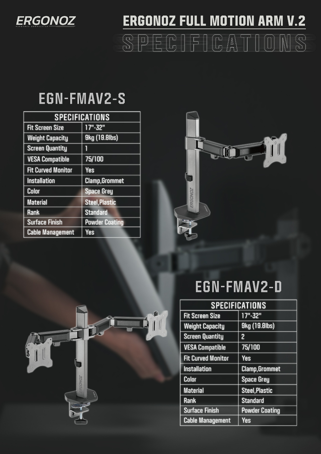 ERGONOZ ของแท้100% แขนจับจอ ขาตั้งจอคอมพิวเตอร์ Monitor Arm รุ่น EGN-FMAV2-S สำหรับหน้าจอ 17-32 ...