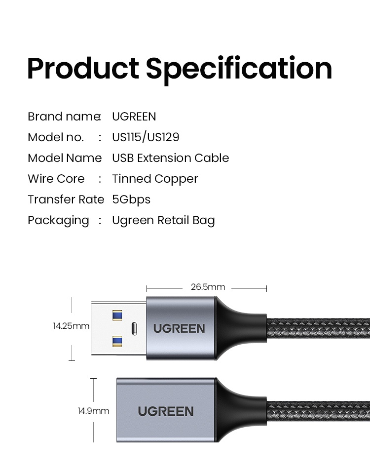 UGREEN รุ่น US129 สายต่อ USB 3.0 สายเพิ่มความยาว USB Extension Cable ...