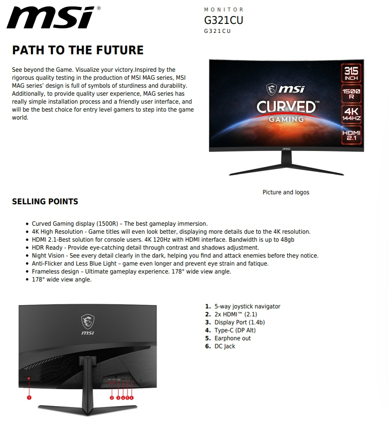 MSI Monitor OPTIX G321CU จอมอนิเตอร์ 4k 144hz เกมมิ่งมอนิเตอร์ จอ ...