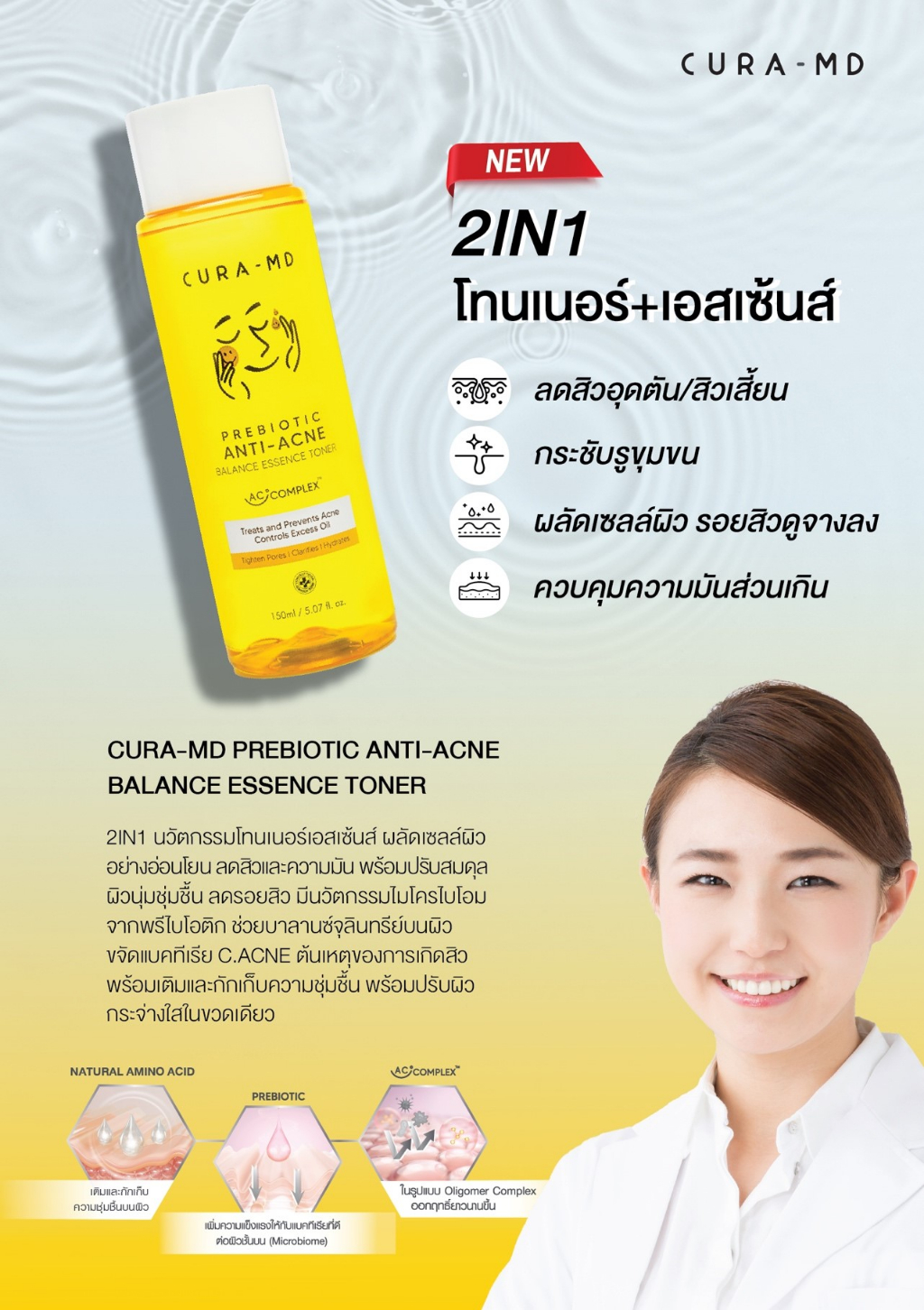 CURA-MD 2IN1 โทนเนอร์เอสเซ้นส์ เช็ดลดสิว Prebiotic Anti-Acne Balance ...