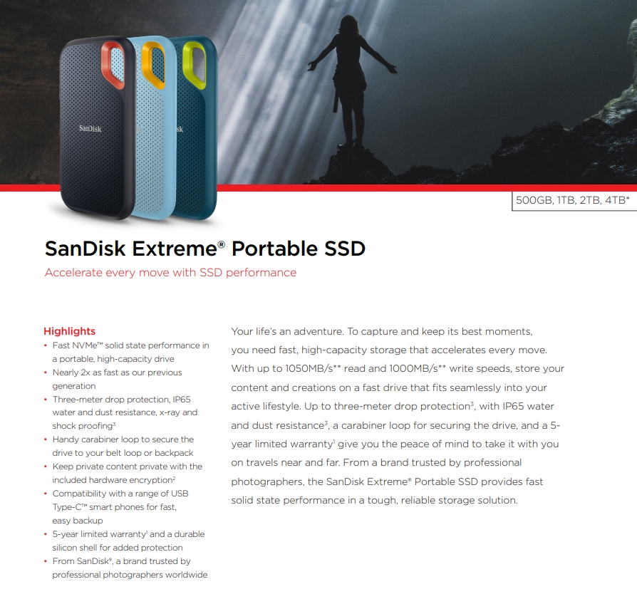 SanDisk Extreme Portable SSD V2 500GB 1TB 2TB 4TB อ่านสูงสุด 1050MB/s เขียนสูงสุด 1000MB/s ...