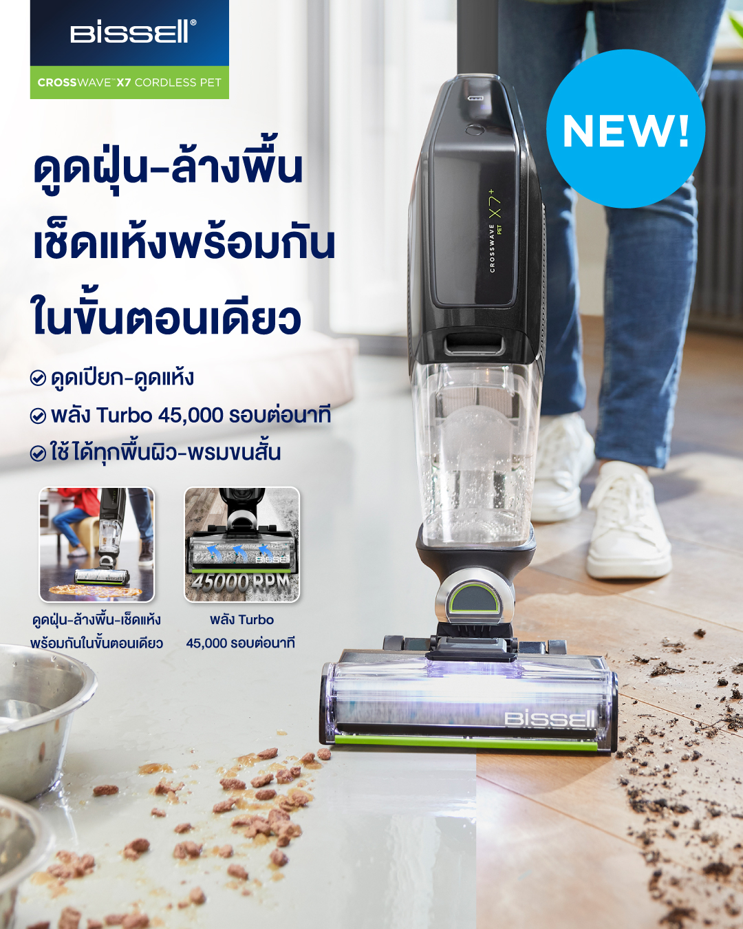 เครื่องดูดฝุ่นและถูพื้นไร้สาย BISSELL CrossWave X7 Cordless Pet Pro 3-in-1 แถมฟรีน้ำยา แปรง ...