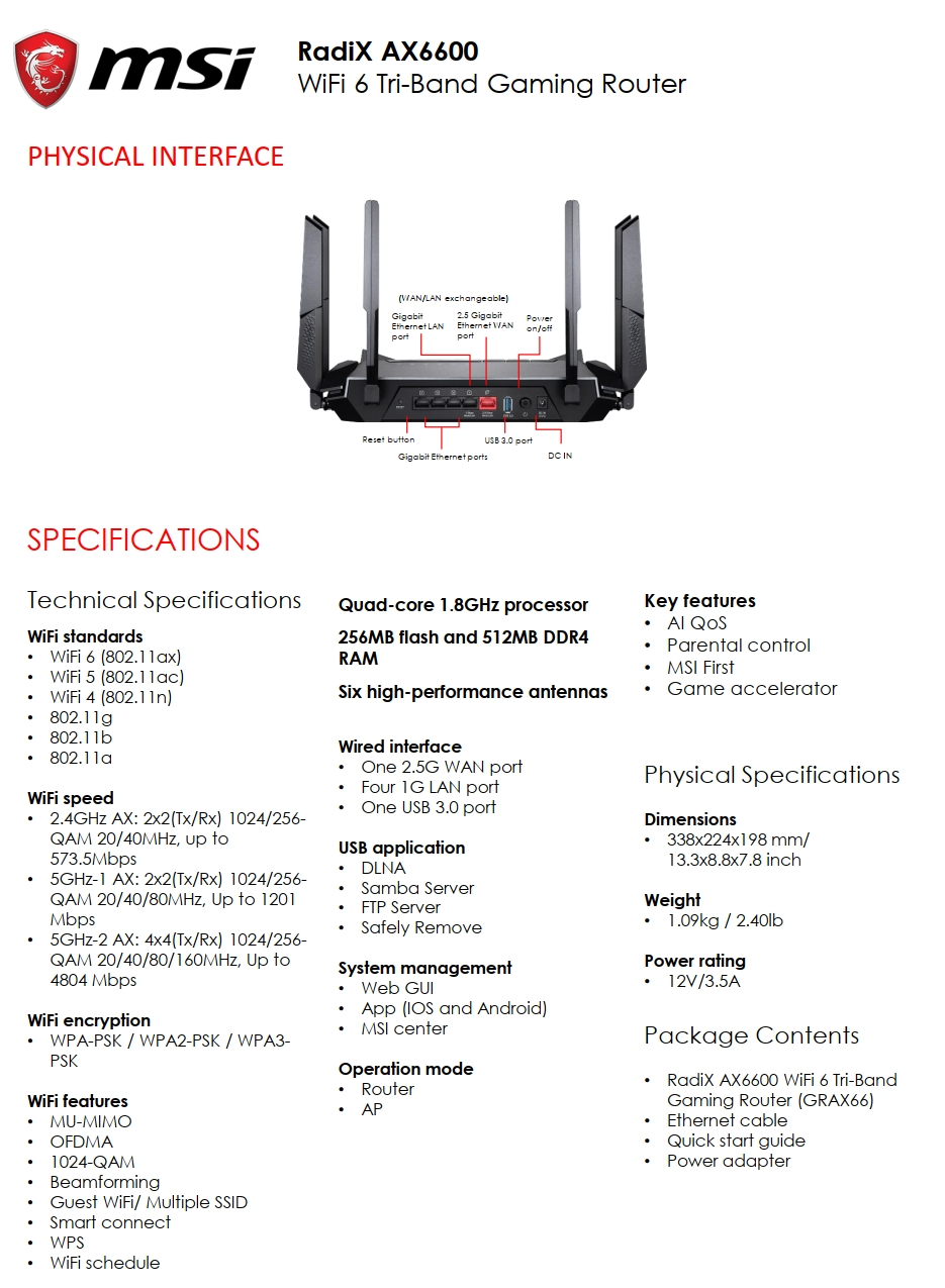MSI GRAX66 RadiX AX6600 WiFi 6 Tri-band Gaming Router เกมมิ่งเราเตอร์ ...