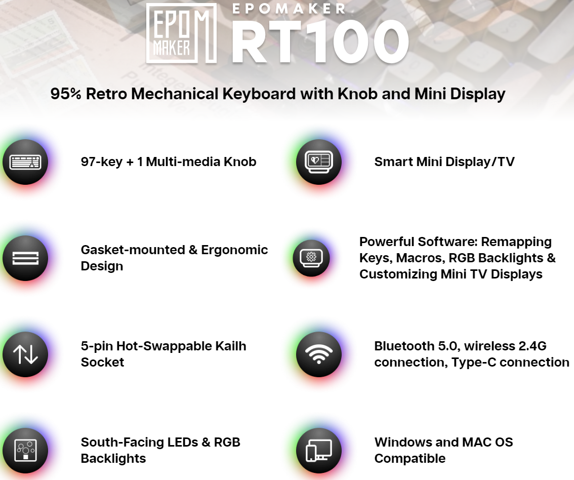 EPOMAKER RT100 / 95% Retro Mechanical Keyboard with Knob and Mini ...