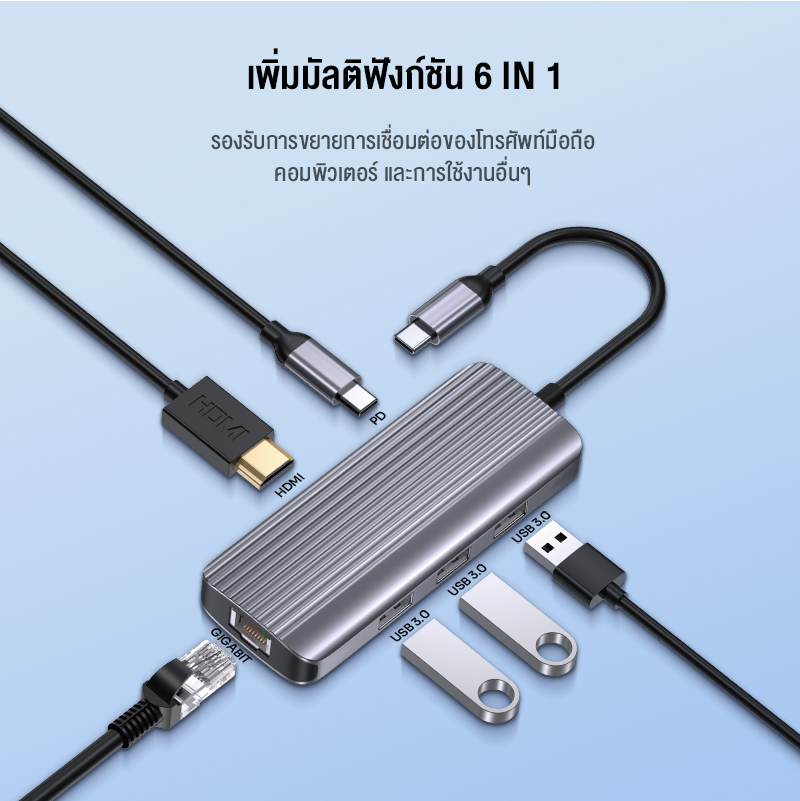 ROBOT รุ่น HT560 HUB อุปกรณ์เพิ่มช่องต่อสำหรับคอมพิวเตอร์ 6-in-1 USB C ...