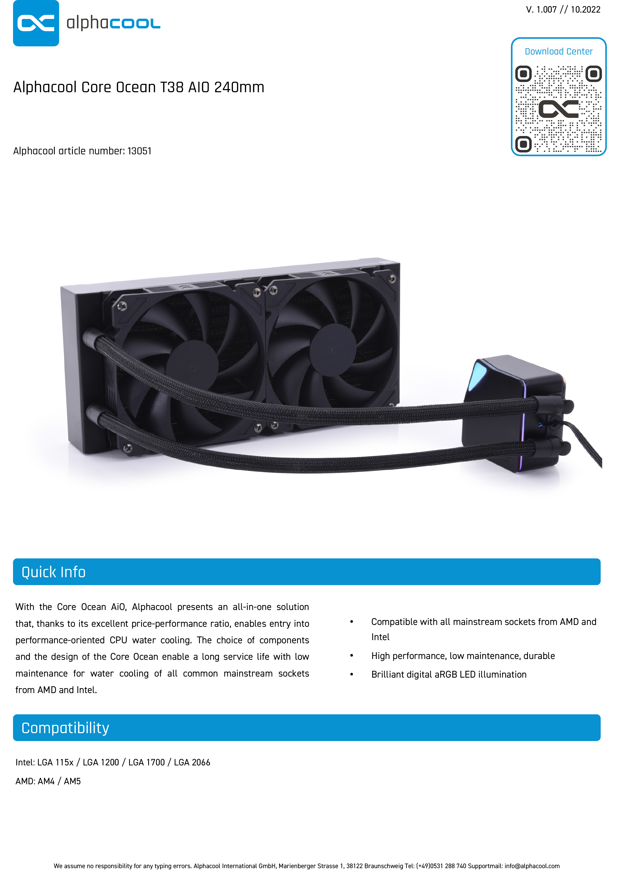 Alphacool CPU LIQUID COOLER Core Ocean T38 AIO 240mm (ชุดน้ำปิด ...
