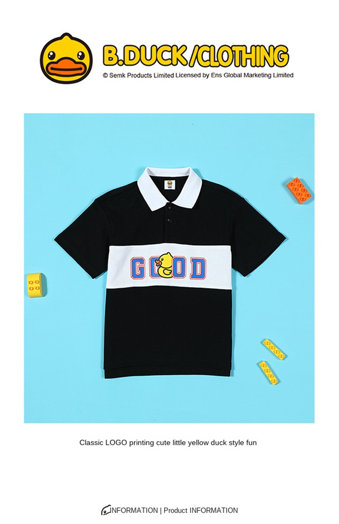 B.Duck เด็กโปโลสีตัดกันคอแขนสั้นเด็กฤดูร้อนใหม่ผ้าฝ้ายพิมพ์เสื้อยืดด้าน ...