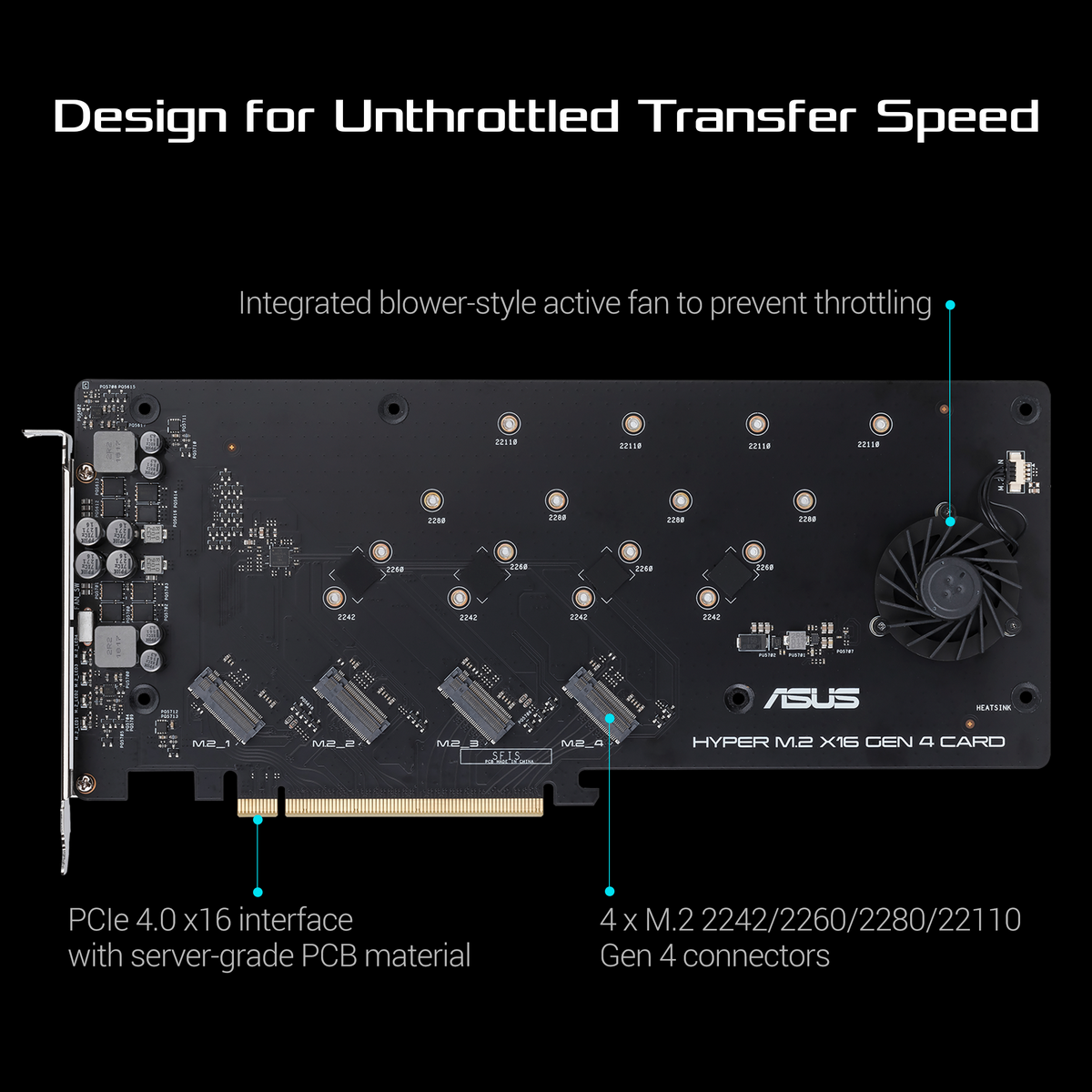 ASUS HYPER M.2 X16 GEN 4 CARD (90MC08A0-M0UAY0), supports four NVMe M.2 ...