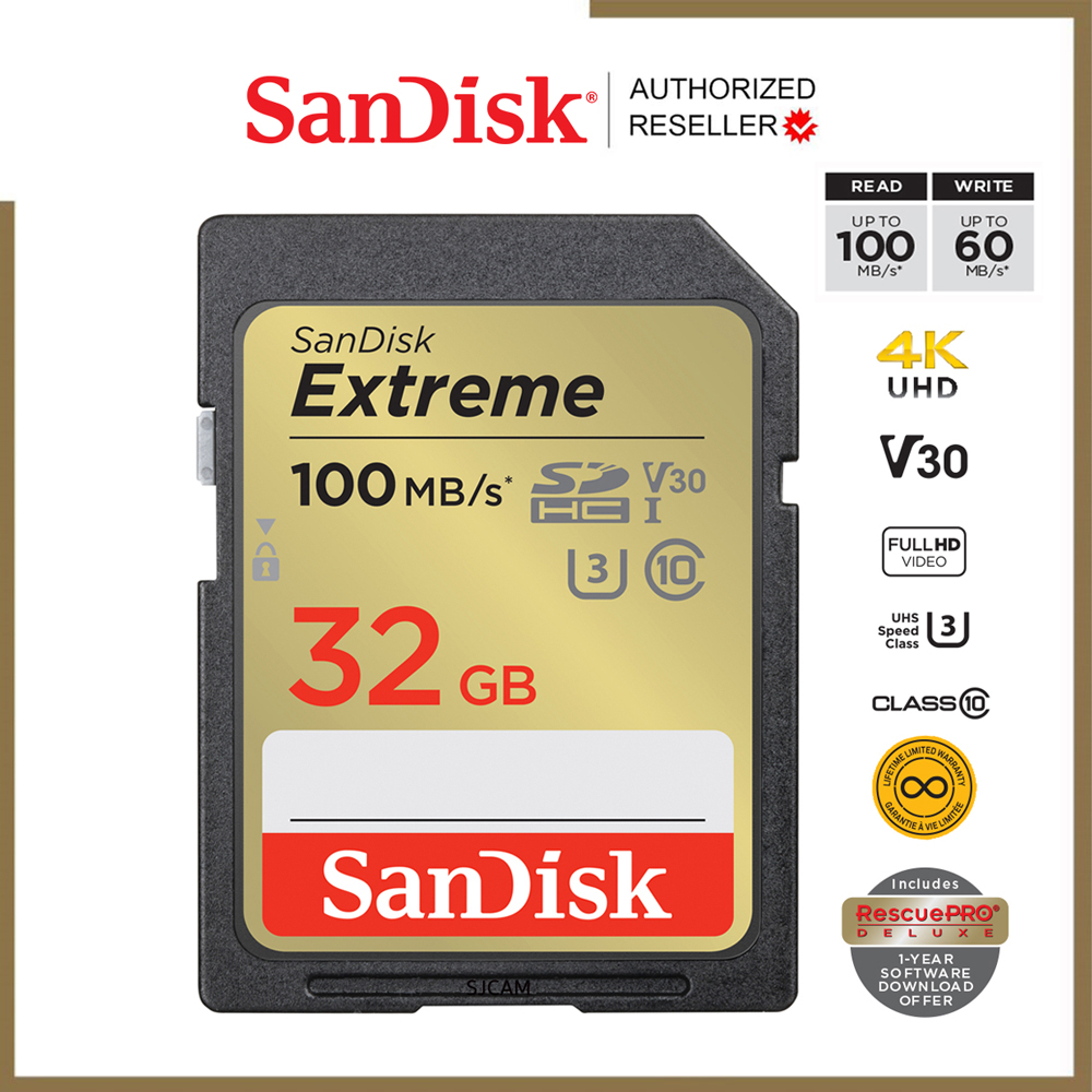 SanDisk Extreme SD Card SDHC 32GB Speed Uptp Read 100MB/s Write 60MB/s (SDSDXVT-032G-GNCIN ...