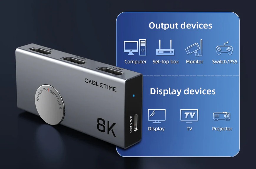 CABLETIME 2-in-1 HDMI 2.1 SWITCH รองรับ 8K60Hz รองรับ3D, Dynamic HDR ...