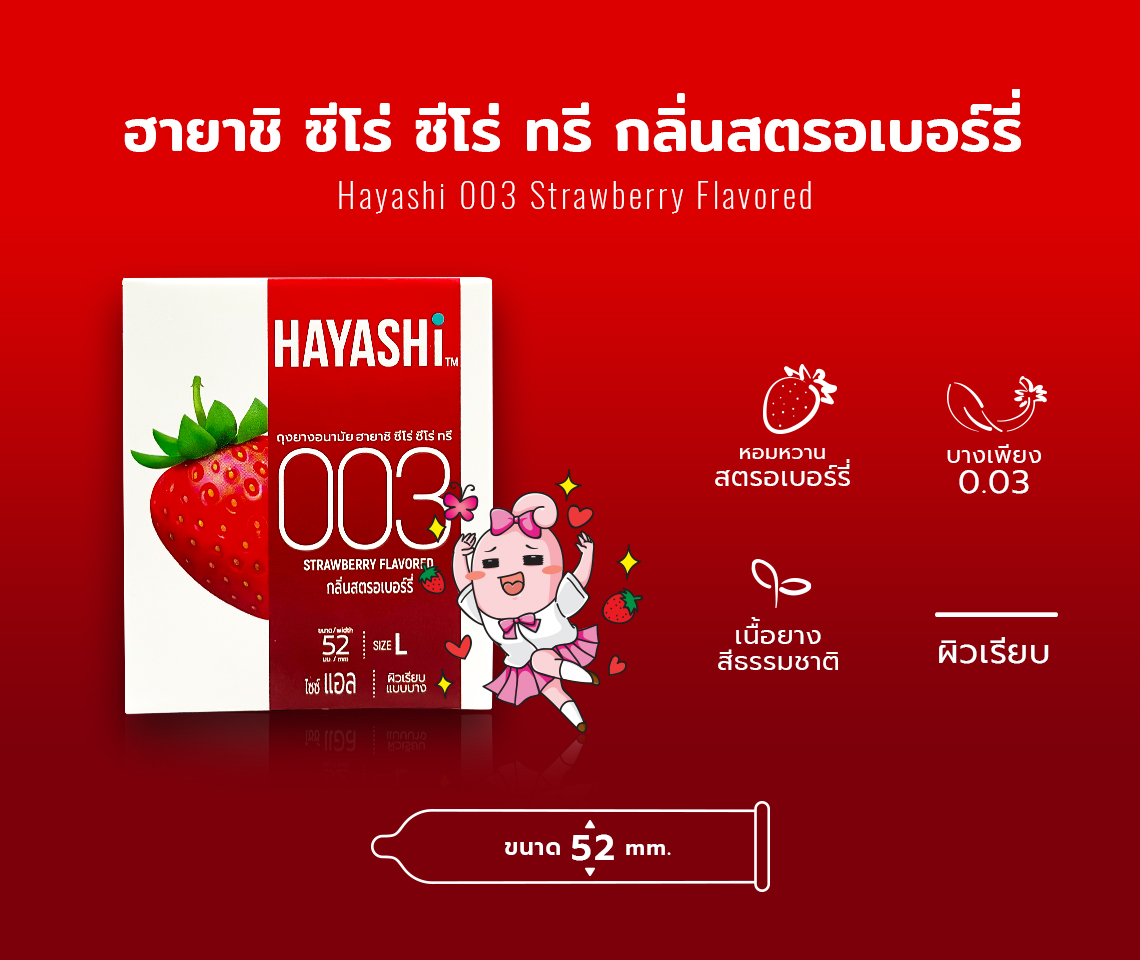 Hayashi 003 Strawberry Flavor ถุงยางอนามัย กลิ่นสตรอเบอร์รี่ บาง 0.03 ...