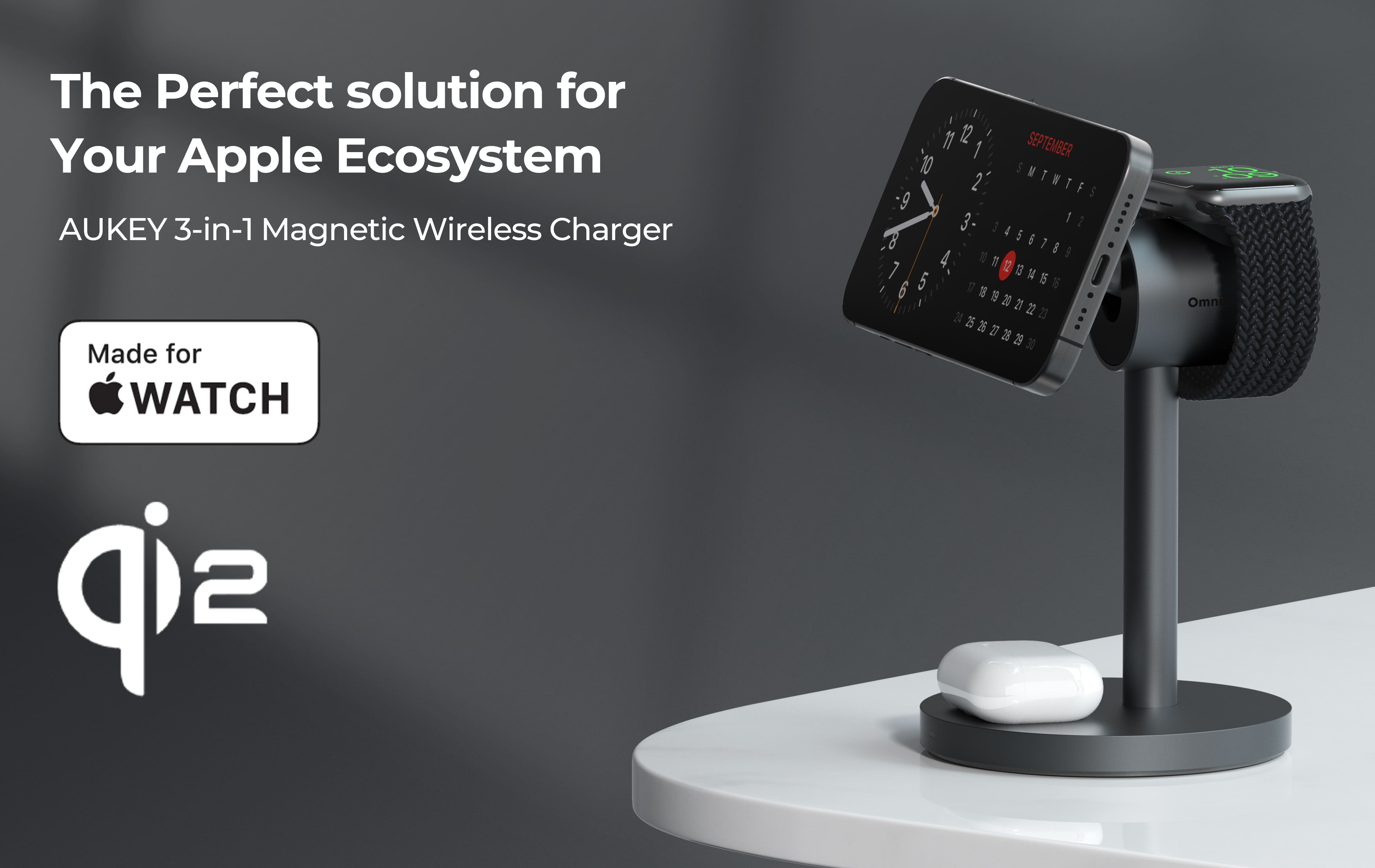 AUKEY LC-MC311 แท่นชาร์จไร้สาย MagFusion 3-in-1 Qi2 15W MFW Certified สำหรับ AppleDevice ...