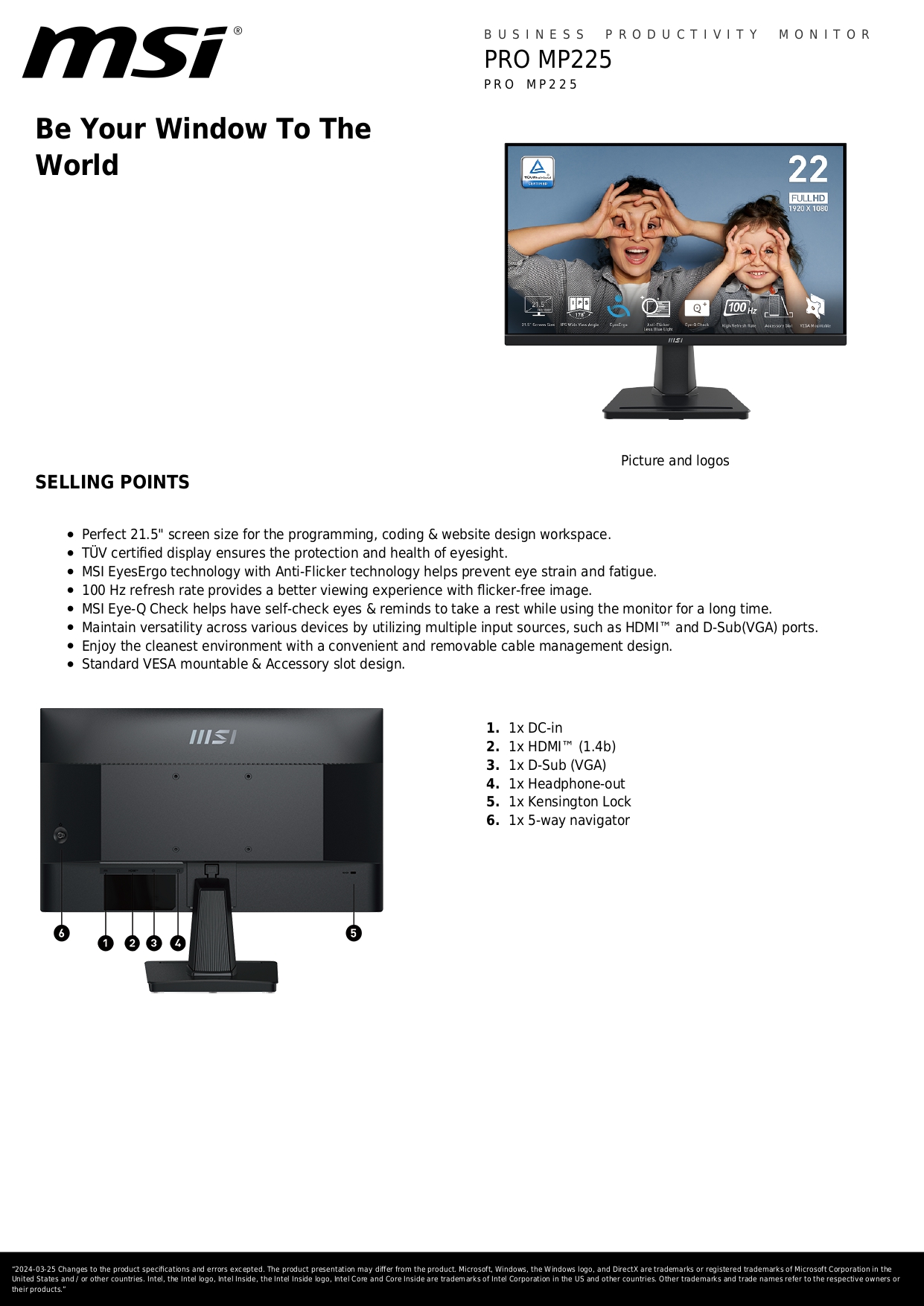 MSI PRO MP225 Monitor จอคอมพิวเตอร์ 21.5" (55 cm) 1920x1080 (FHD ...