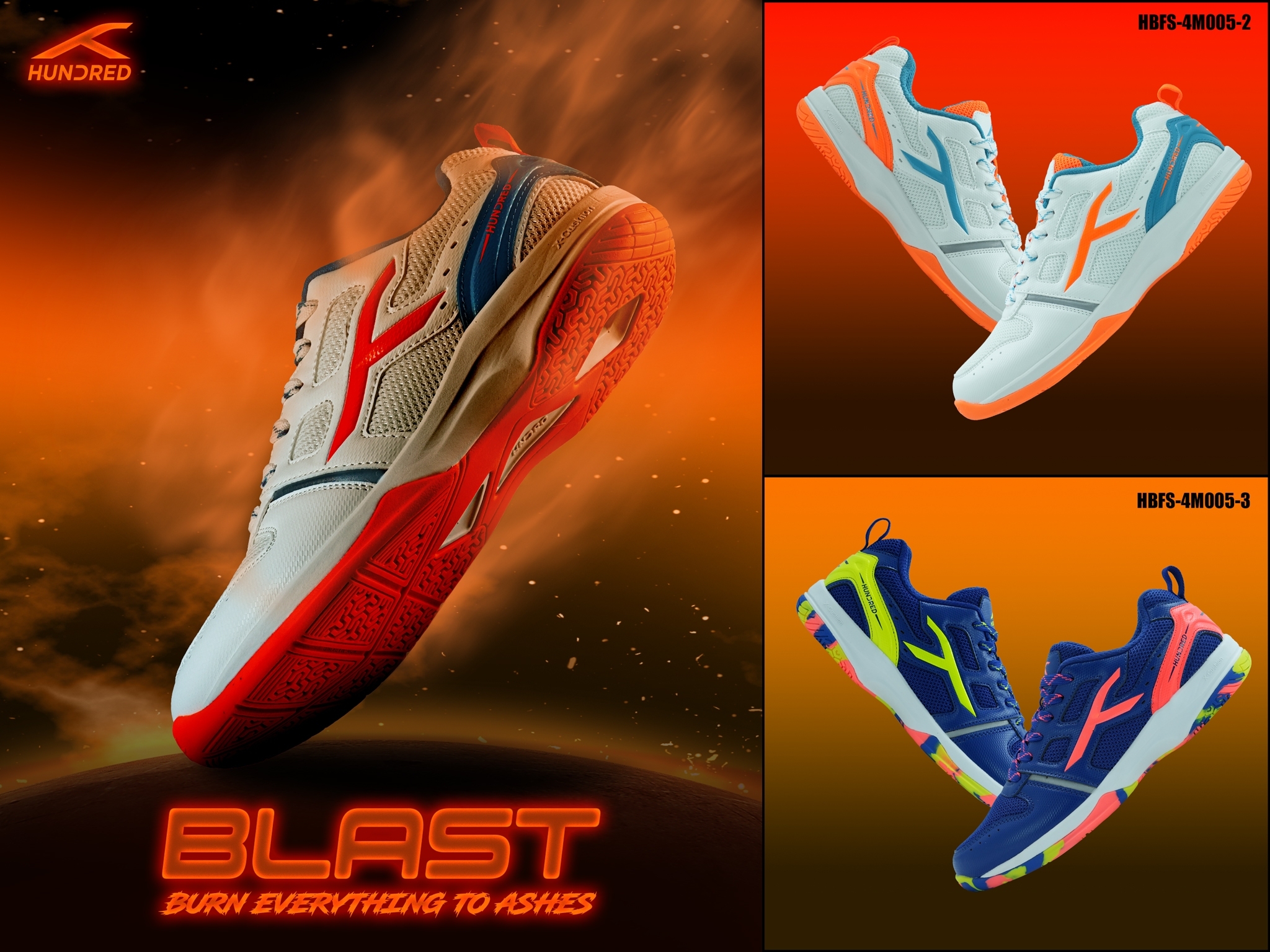 HUNDRED BLAST (HBFS-4M005-2) White/Turquoise/Orange badminton Shoe ...