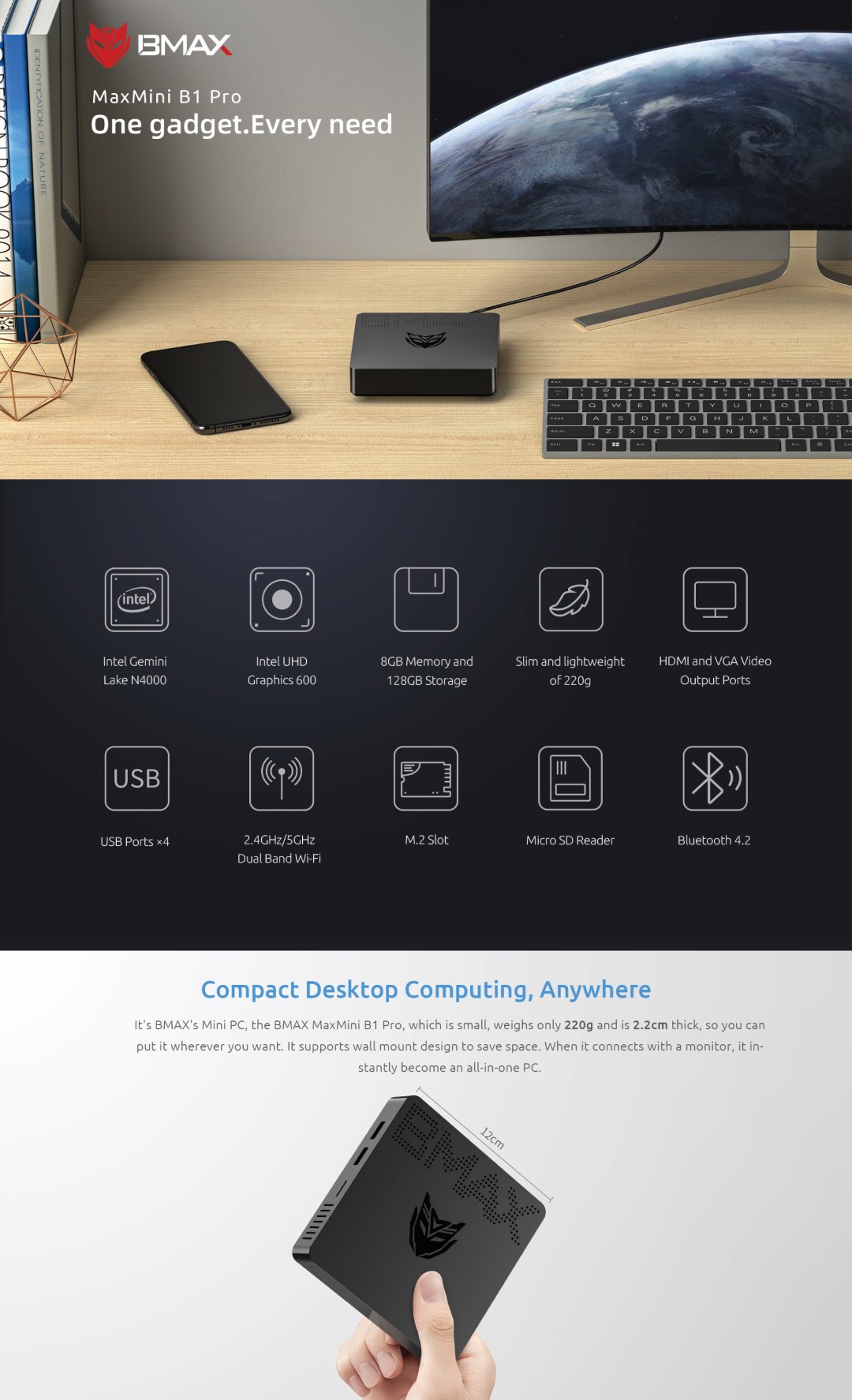 รุ่นใหม่ BMAX B1 Pro Mini Pc Window 11 แท้ Intel Celeron N4000 8GB RAM / 128GB ROM WIFI 2.4GHz ...