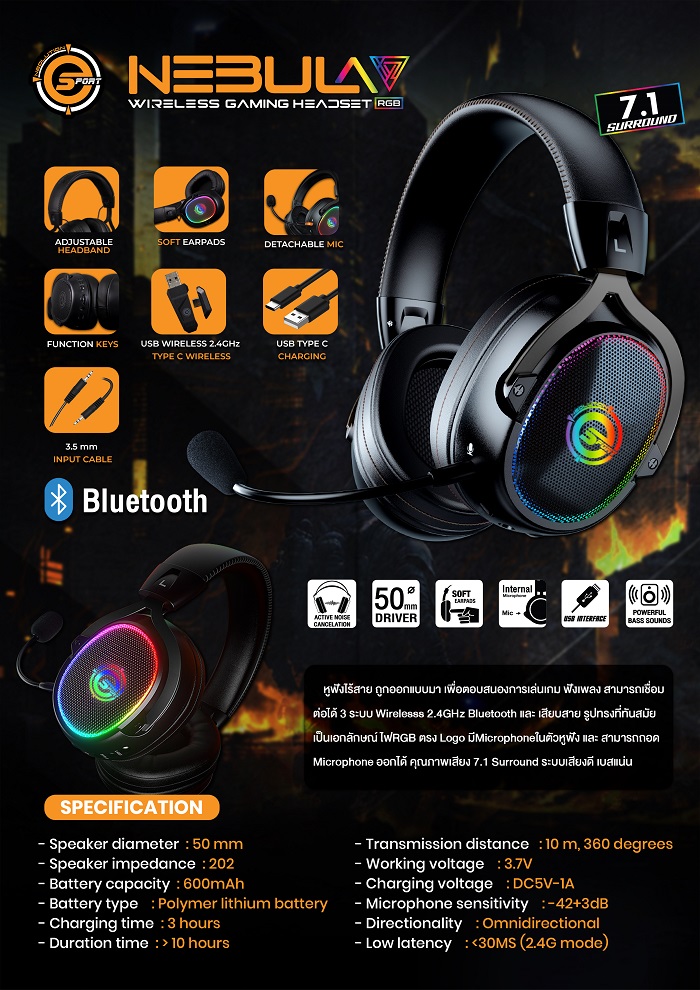 Neolution E-Sport Gaming Headset Nebula Wireless หูฟังเกมมิ่งไร้สาย 7.1 ...