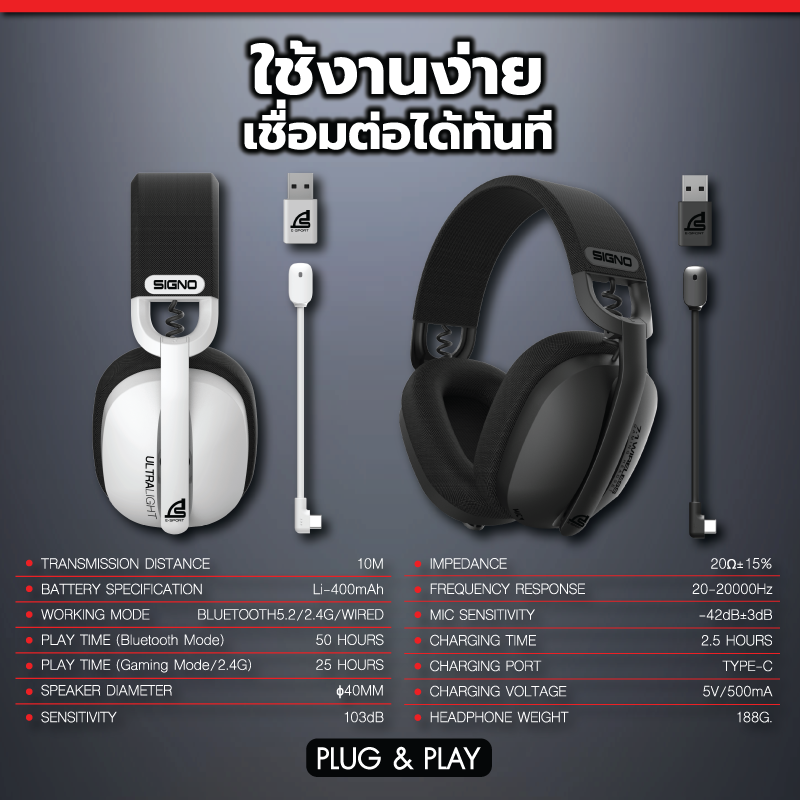 SIGNO E-Sport 7.1 Wireless Gaming Headset MARLOS รุ่น WP-601 V2 (หูฟัง ...