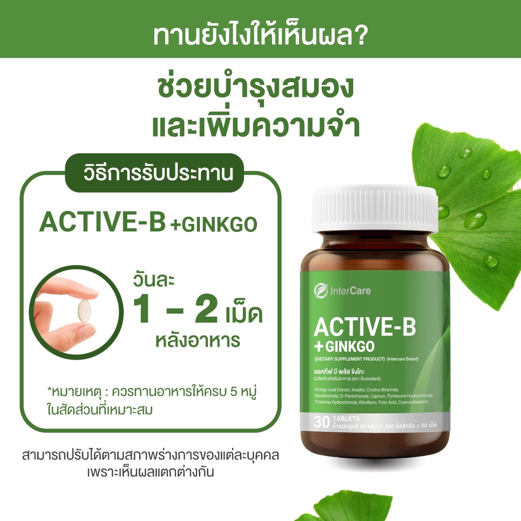 InterCare Active-B Plus Ginkgo แอคทีฟบีพลัสจิงโกะ บำรุงสมองเพิ่มความจำ สกัดจากใบแปะก๊วย วิตามินบ ...