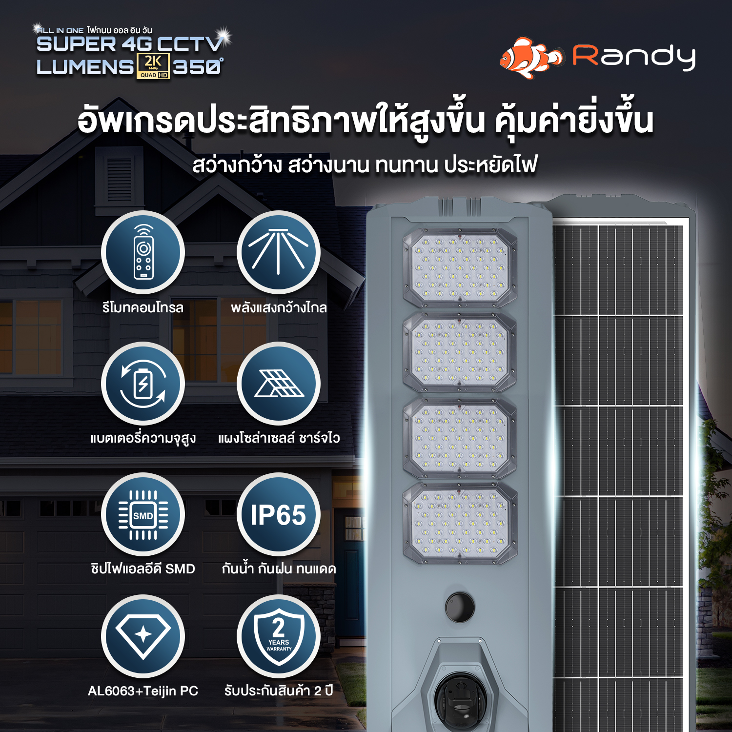 RANDY โซล่าเซลล์ UFO ULTRON IP65กันน้ำ สว่าง360° แบต ใหม่LiFePO4 อายุ10 ...