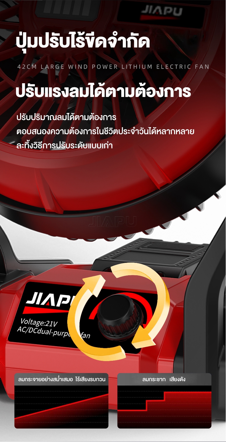 JIAPU พัดลมไร้สาย 12 นิ้ว 2 ระบบ AC/DC ปรับแรงลมได้ มีไฟ LED สำหรับแบตเตอรี่ รุ่น JP-FN-12INCH ...