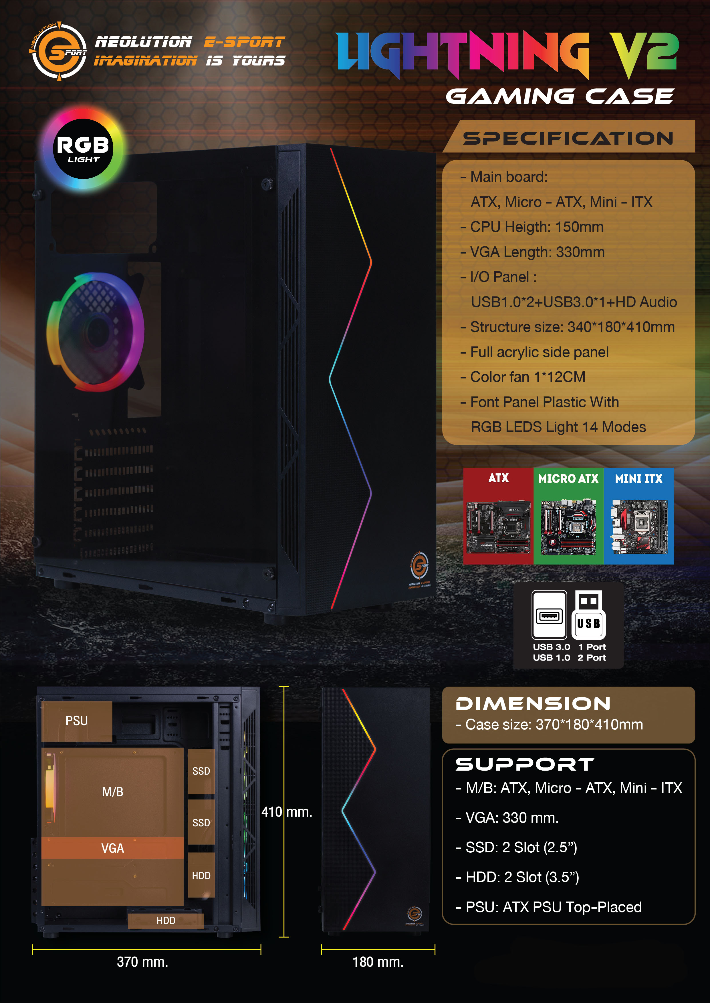 Neolution E-Sport Gaming Case LIGHTNING V.2 เคสคอมพิวเตอร์มีไฟ RGB ...