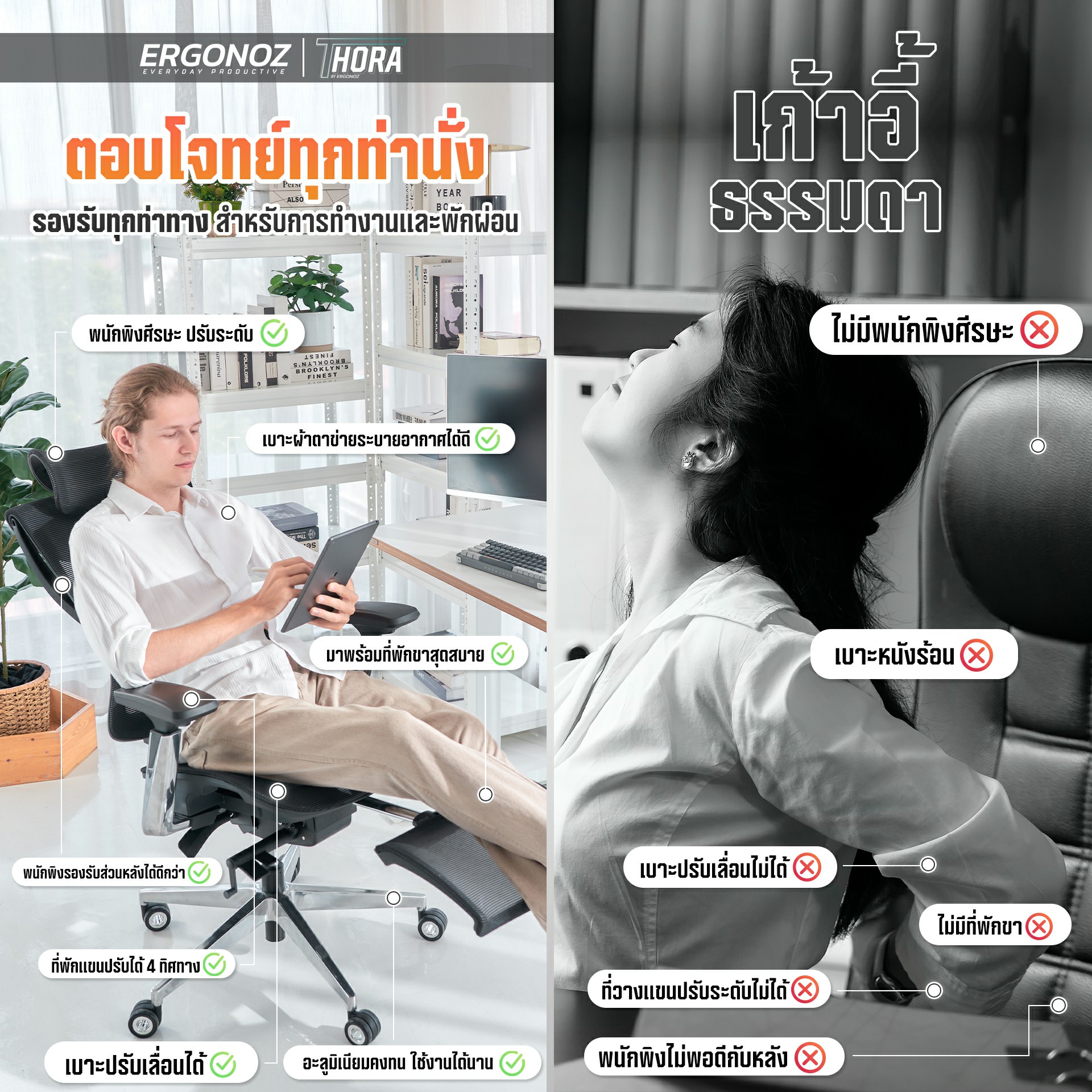 ERGONOZ THORA Professional Ergonomic chair เก้าอี้เพื่อสุขภาพ | Shopee Thailand