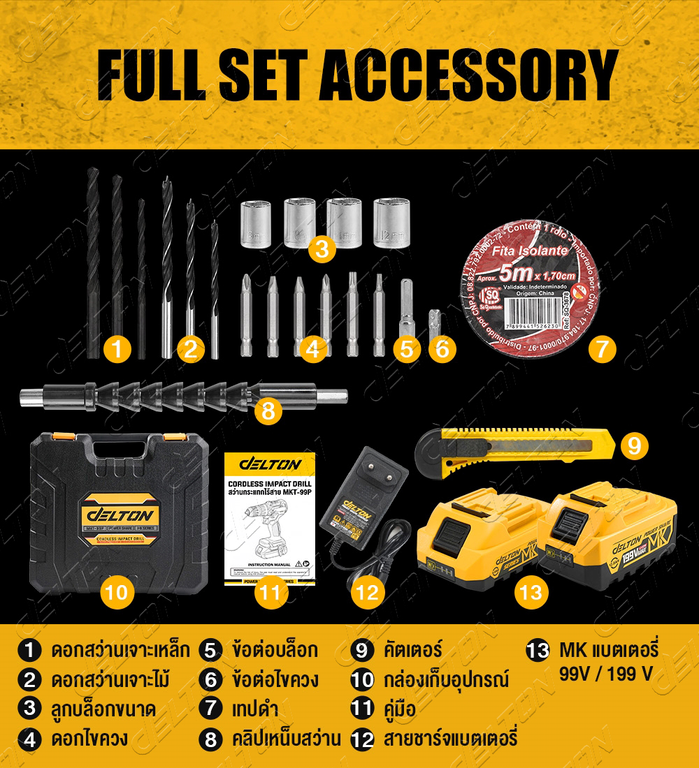 DELTON สว่านไร้สาย 3 ระบบ 199V รุ่น MKT-99P สำหรับใช้งานร่วมกับแบตเตอรี่ Power Share กลุ่ม MK ...
