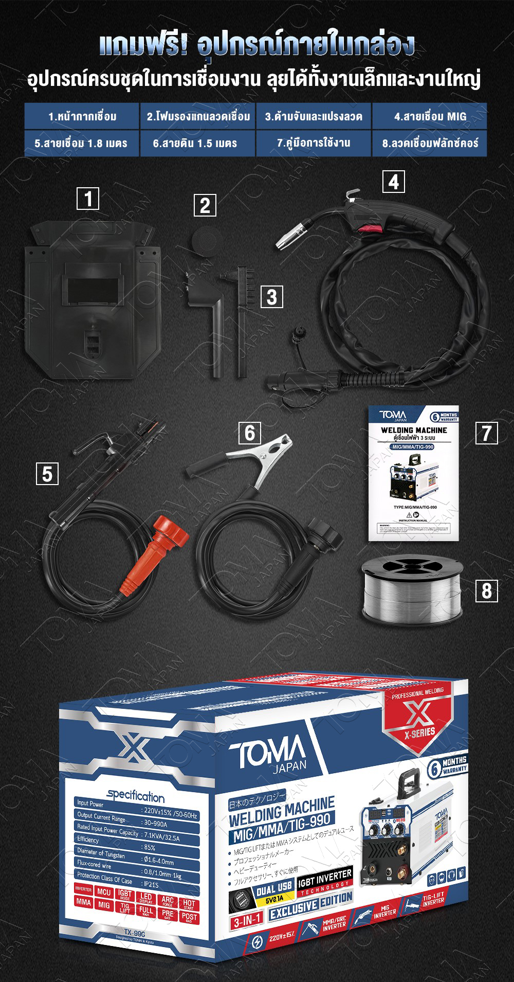 TOMA JAPAN ตู้เชื่อมไฟฟ้า 3 ระบบ X-SERIES รุ่น MIG/MMA/TIG-990 พร้อม ...