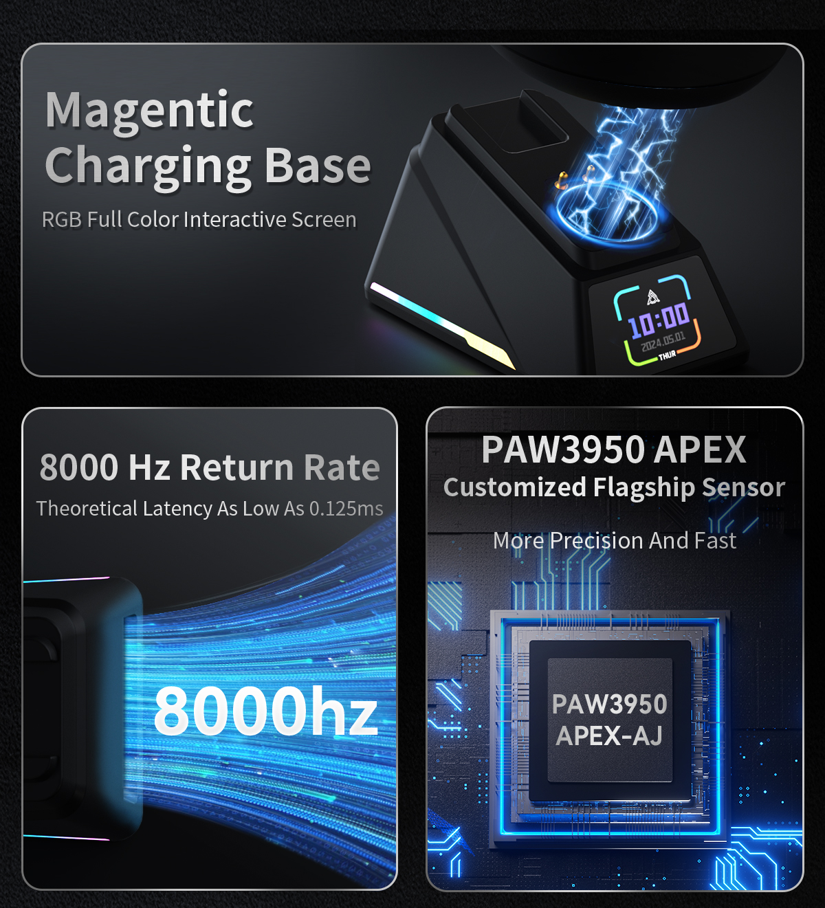 เมาส์เกมมิ่งพร้อมแท่นชาร์จ Ajazz AJ159 Apex 8K Tri-Mod Wireless ...