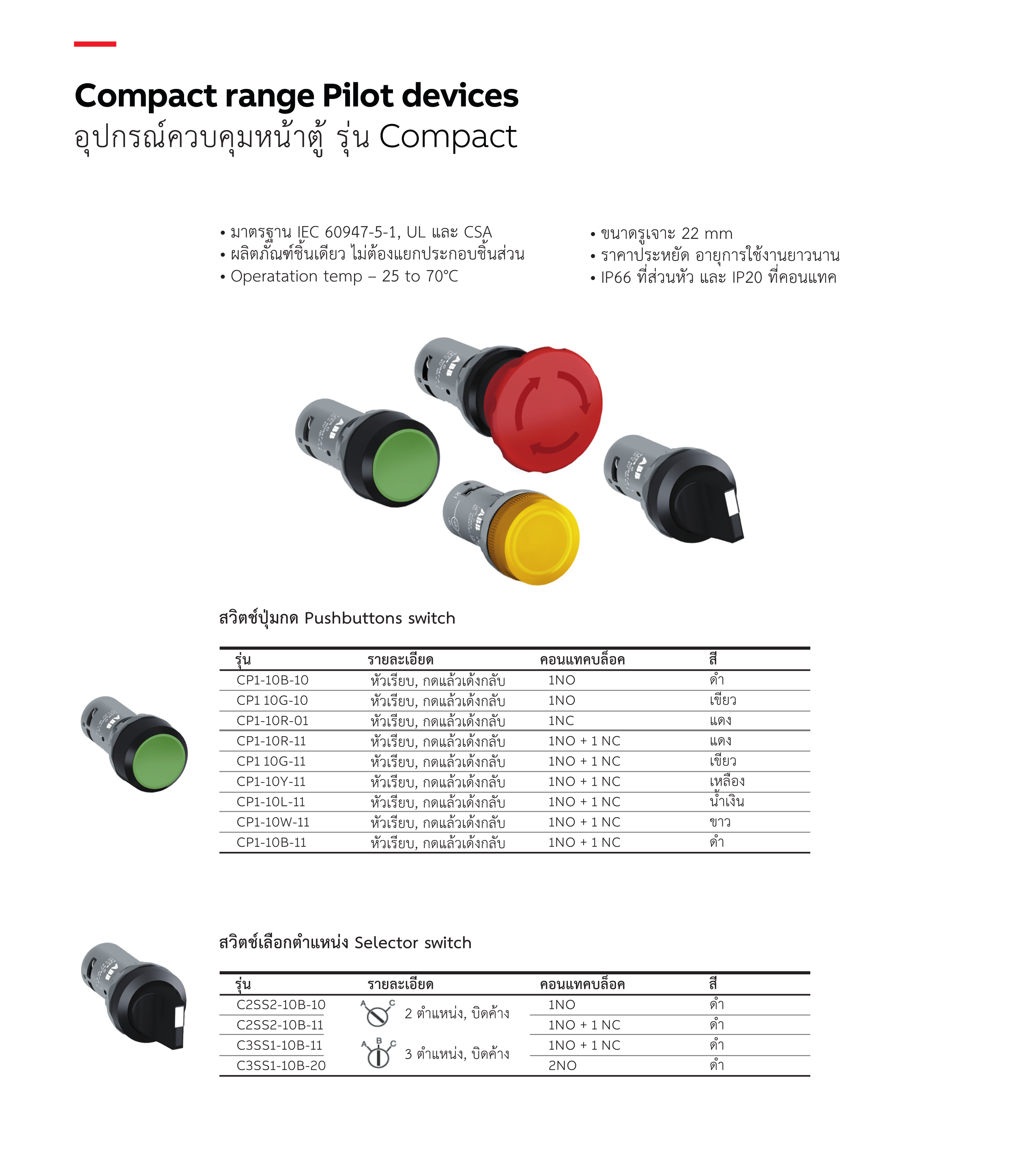 ABB CP1 10G-11 1NO+1NC Pushbuttons Switch สวิตซ์ปุ่มกดหัวเรียบ กดแล้วเด้งกลับ Compact Pilot ...