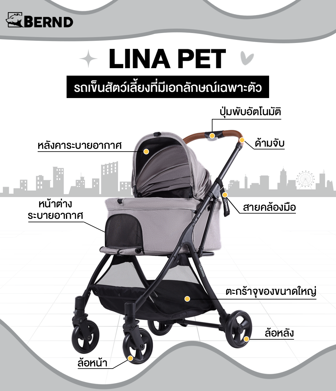 Bernd รุ่น Lina Pet Auto Fold รถเข็นสัตว์เลี้ยง พับอัตโนมัติ | Shopee ...