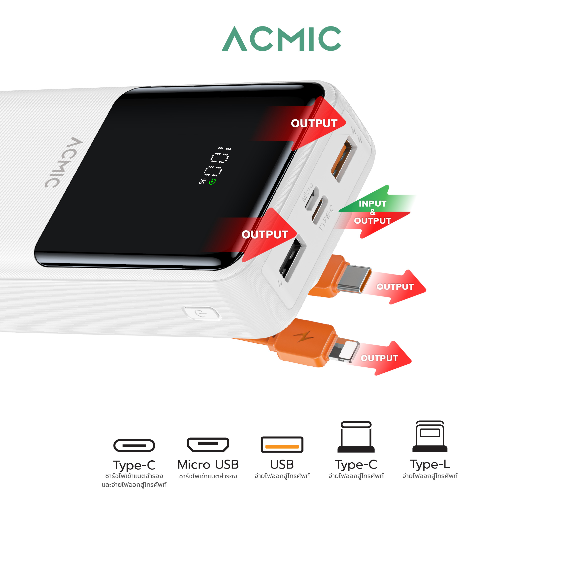 ACMIC AP20-06PD PRO Powerbank 20000mAh พาวเวอร์แบงค์มีสายในตัว Type-C,L Cable ชาร์จเร็วPD20W ...