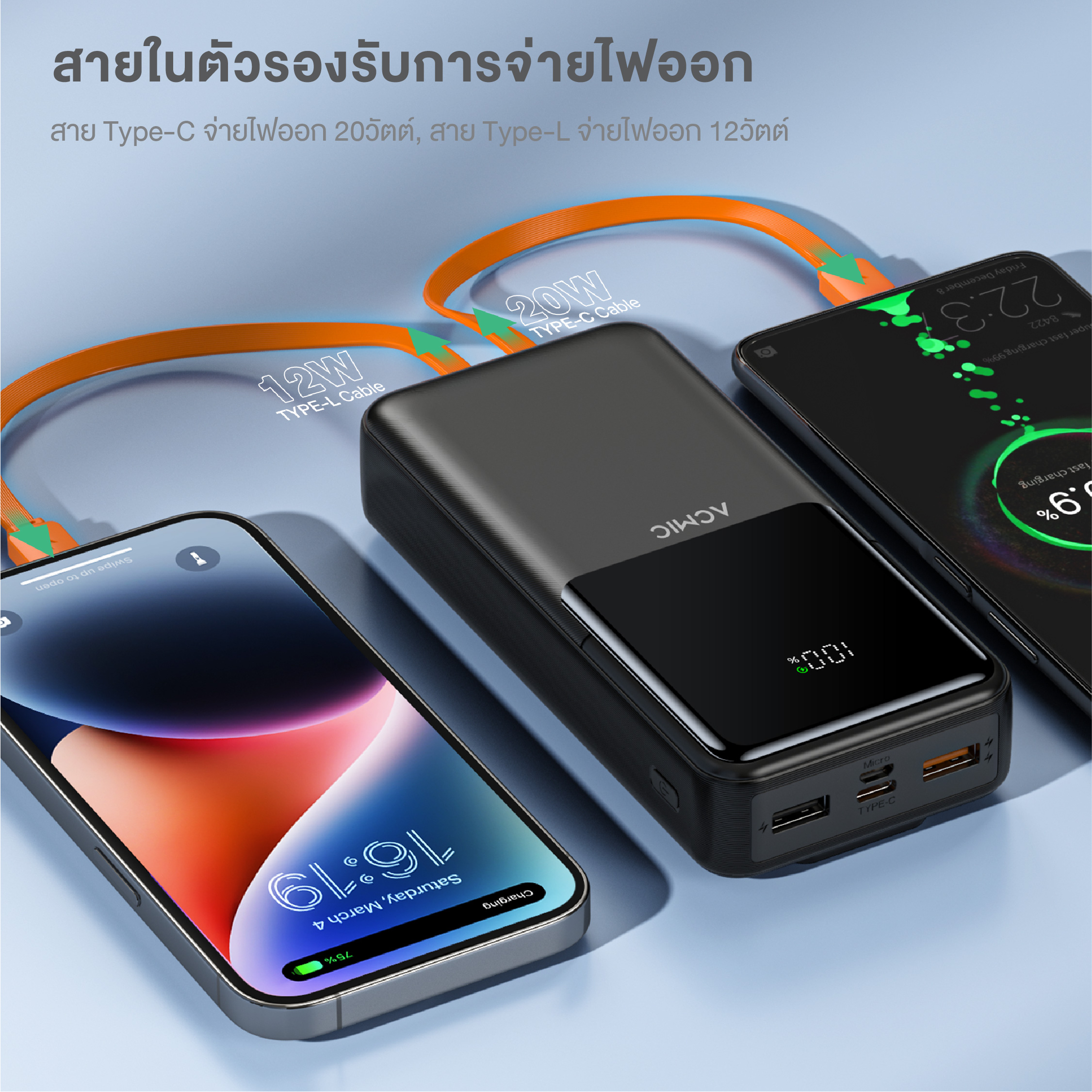 ACMIC AP20-06PD PRO Powerbank 20000mAh พาวเวอร์แบงค์มีสายในตัว Type-C,L ...