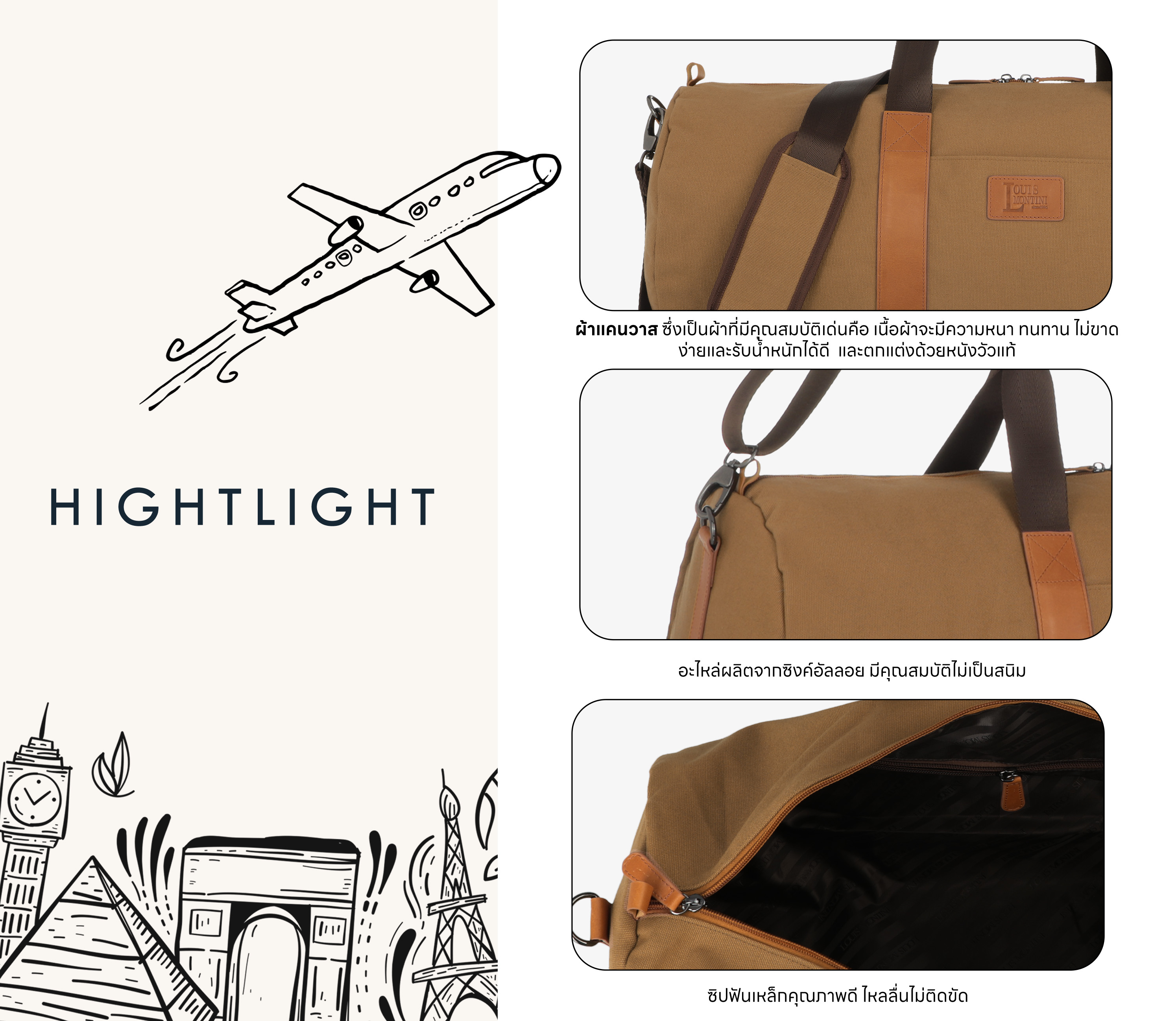 Louis Montini (Round Duffel Bag) กระเป๋าเดินทาง ทรงกระบอก กระเป๋าผ้าแคน ...