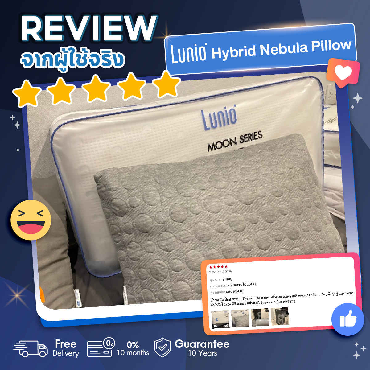 Lunio หมอนเมมโมรี่โฟม สัมผัสแน่น ไม่ยวบ หลับสบายไม่ปวดคอ ผ้าหุ้มอ่อนโยนต่อผิว รุ่น Hybrid Nebula ...