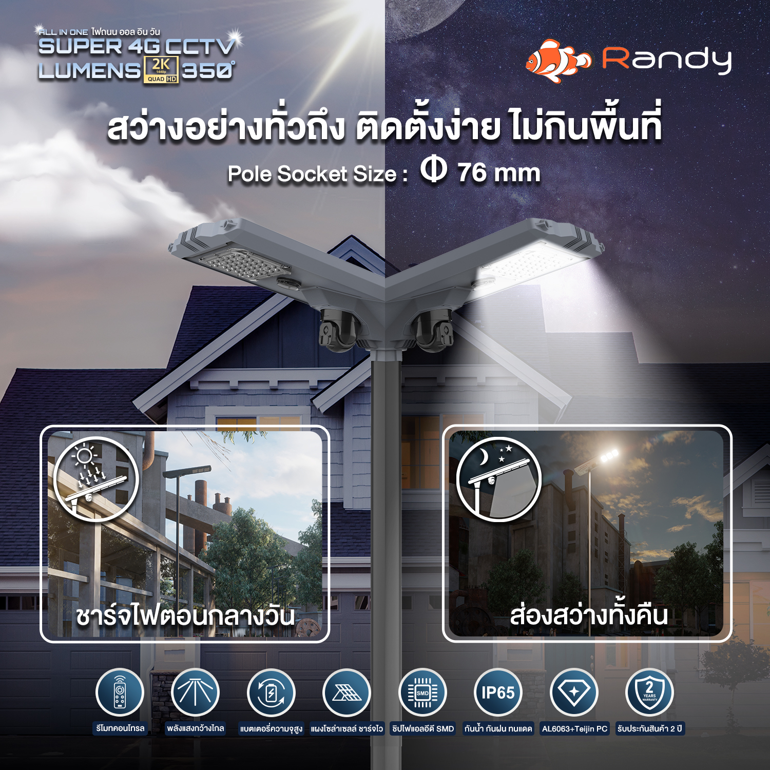 RANDY โซล่าเซลล์ UFO ULTRON IP65กันน้ำ สว่าง360° แบต ใหม่LiFePO4 อายุ10 ...