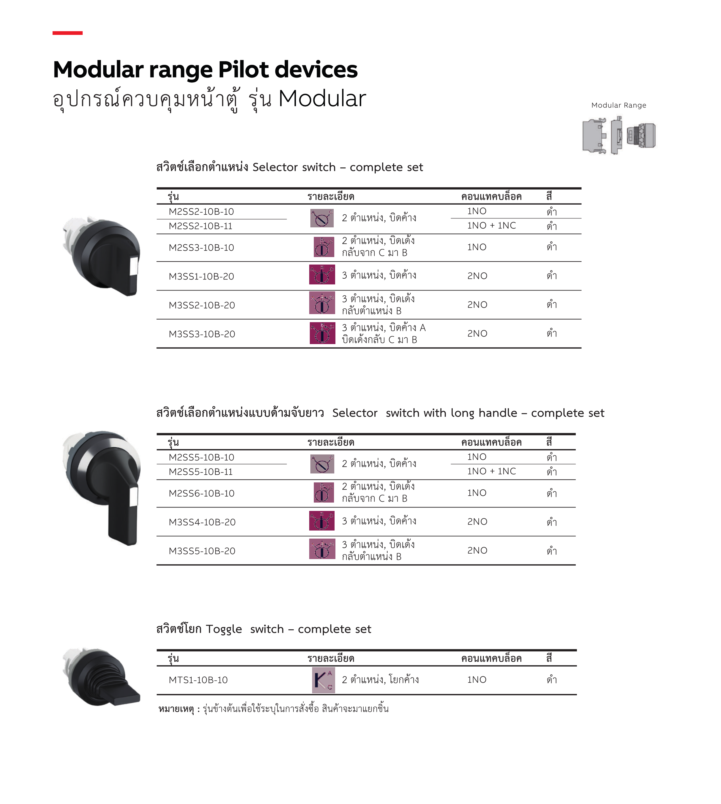 ABB M3SS5-10B-20 2NO Selector สวิตซ์แบบด้ามจับยาว 3ตำแหน่ง บิดเด้งกลับตำแหน่งB Modular Pilot ...