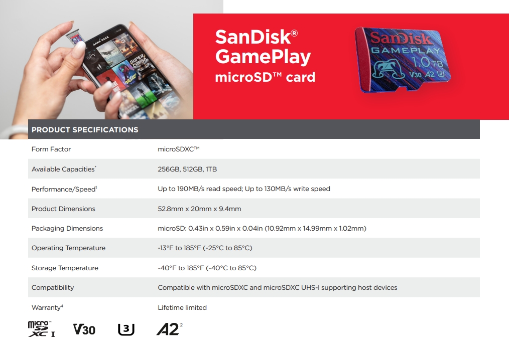 SanDisk Extreme GamePlay microSD card 256GB 512GB 1TB (SDSQXAV-xG-GN6XN, GamePlay) reads 190MB/s ...