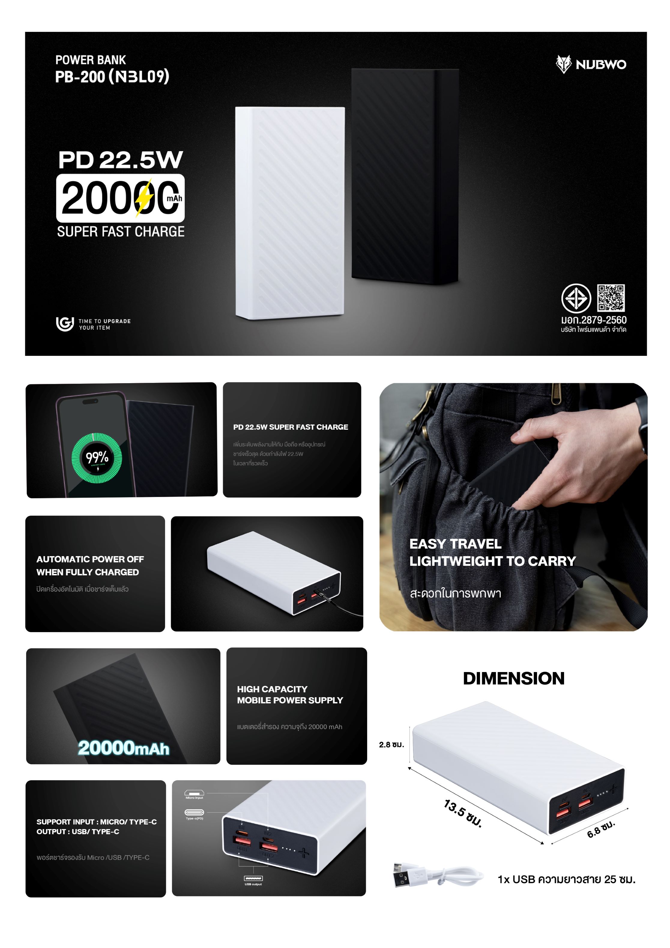 Nubwo แบตสำรองสูงสุด PB - 200 Powerbank 20000 mAh ชาร์จเร็ว PD 22.5w มาตรฐาน มอก. ของแท้ รับ ...