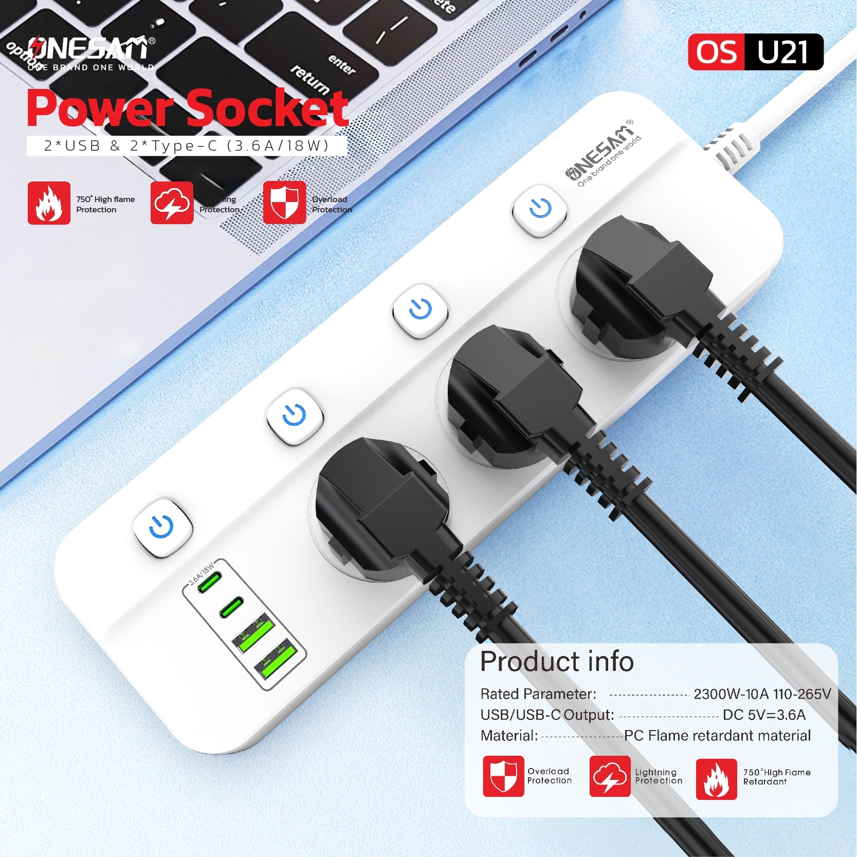 ปลั๊กไฟ ONESAM รุ่น OS-U21 2 USB พอร์ต และ 2 PD พอร์ต ชาร์จไว 3.6A สายยาว 2,5 เมตร ของแท้ 100% ...