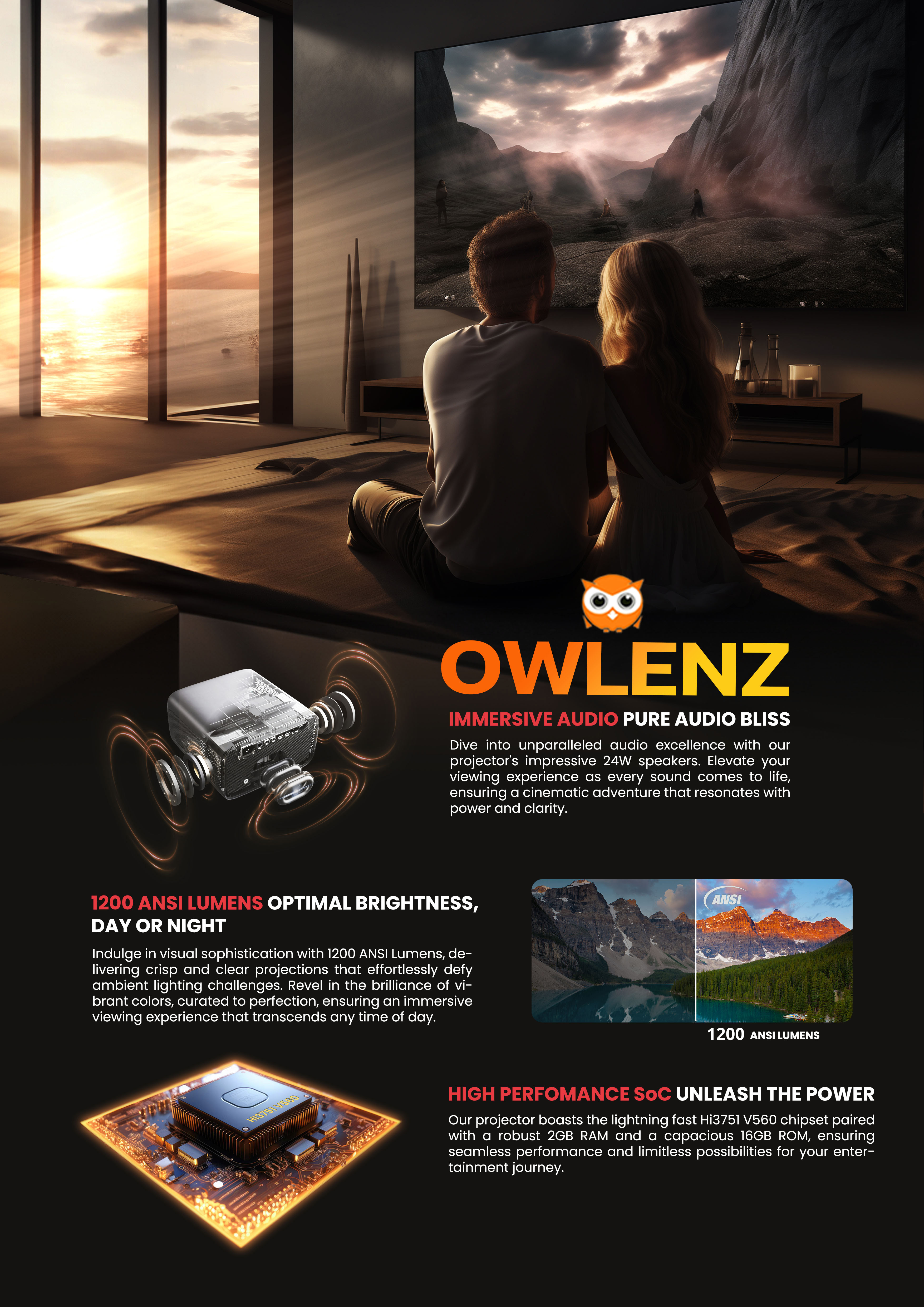 [พร้อมส่ง][NEW]โปรเจคเตอร์ OWLENZ X Cloud-D Z1 ภาพ 4K แท้ Real-Native 4K แท้ สว่าง 1200 ANSI Ram ...