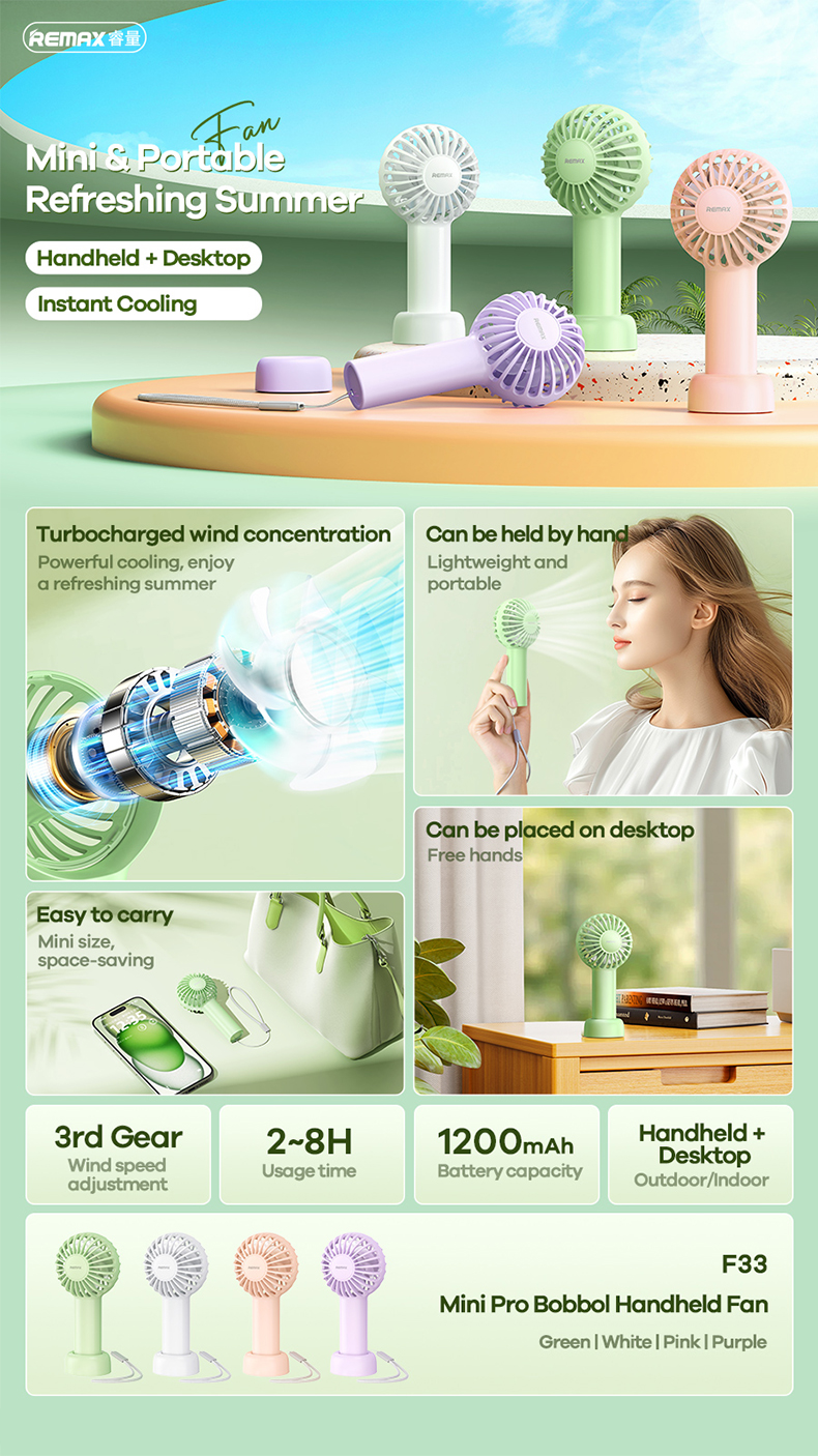 Remax Fan handheld mini Pro F33 - พัดลมมือถือ ขนาดเล็ก พกพาสะดวก มีแท่น ...