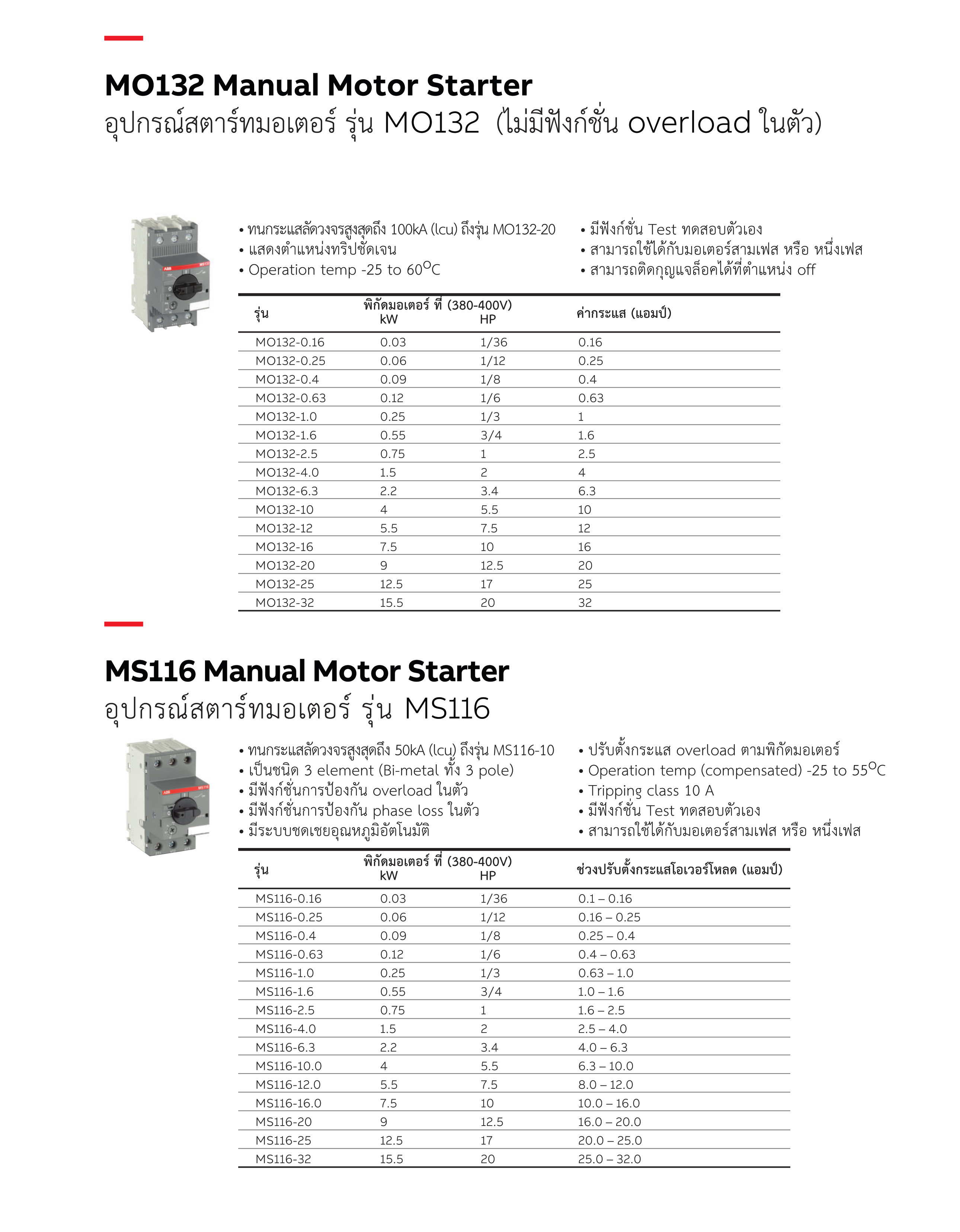 ABB MO132-20 (20A) 9kW Manual Motor Starter อุปกรณ์สตาร์ทมอเตอร์ ไม่มีฟังก์ชั่น Overload ...
