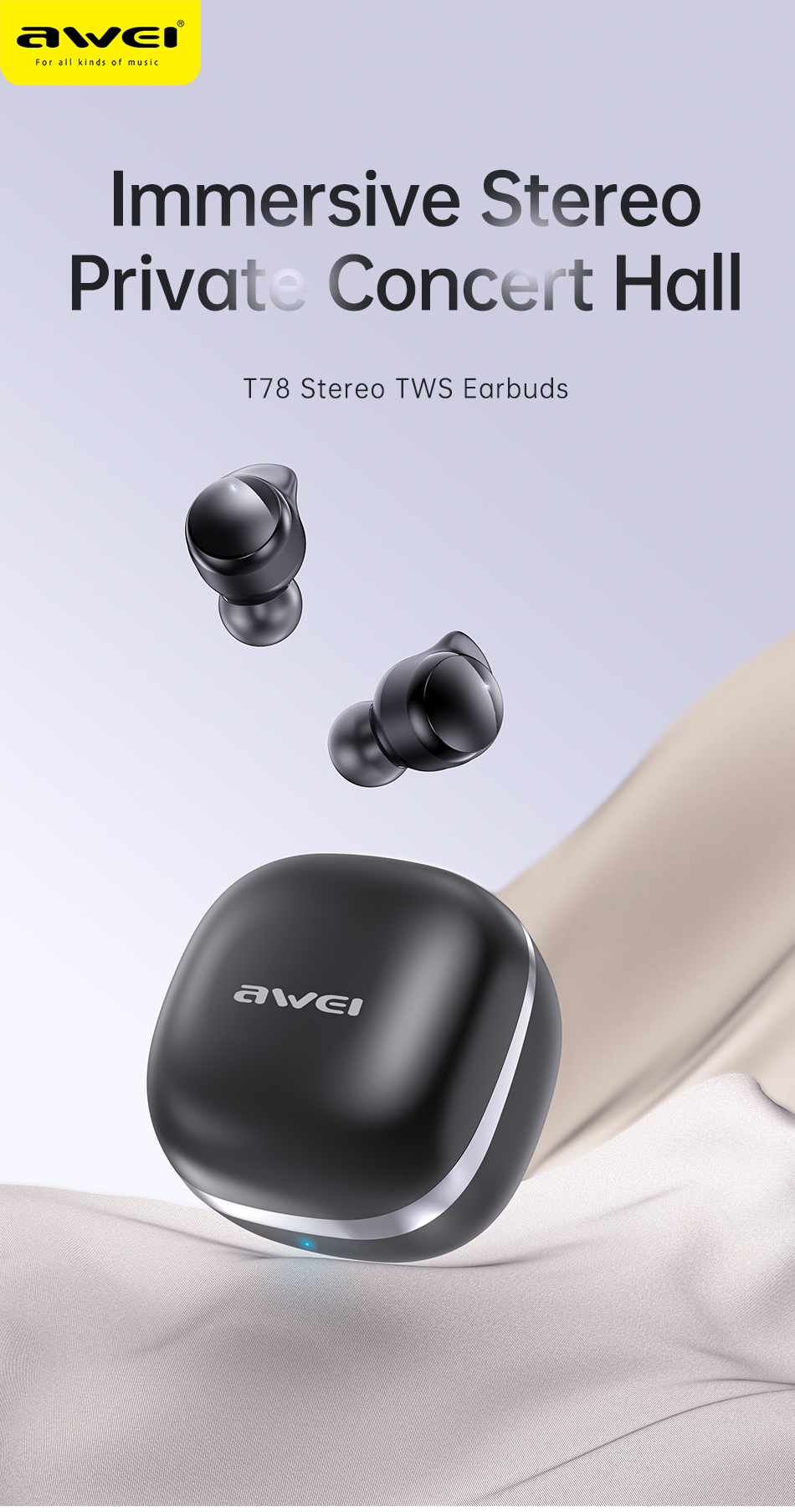 AWEI T78 หูฟังไร้สายบลูทูธที่แท้จริง สวมใส่สบาย กั้นน้ำ ฟังเพลง เล่นเกม ...