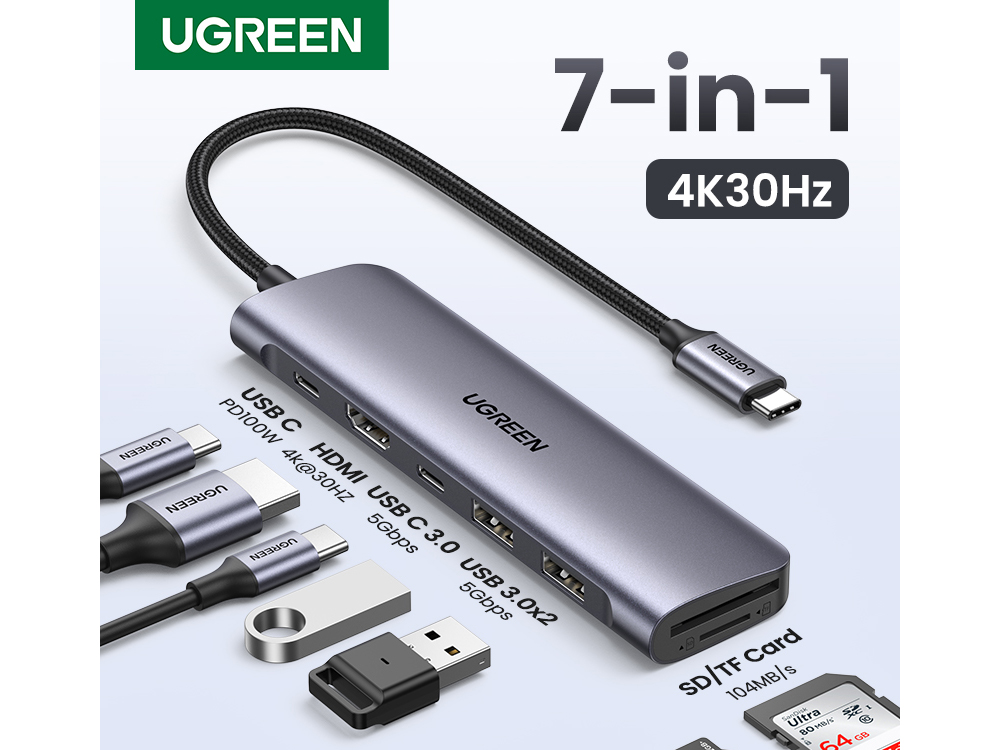 พอร์ตฮับ Ugreen 7-in-1 USB-C to 2xUSB-A, USB-C, HDMI, TF/SD (15214) by ...