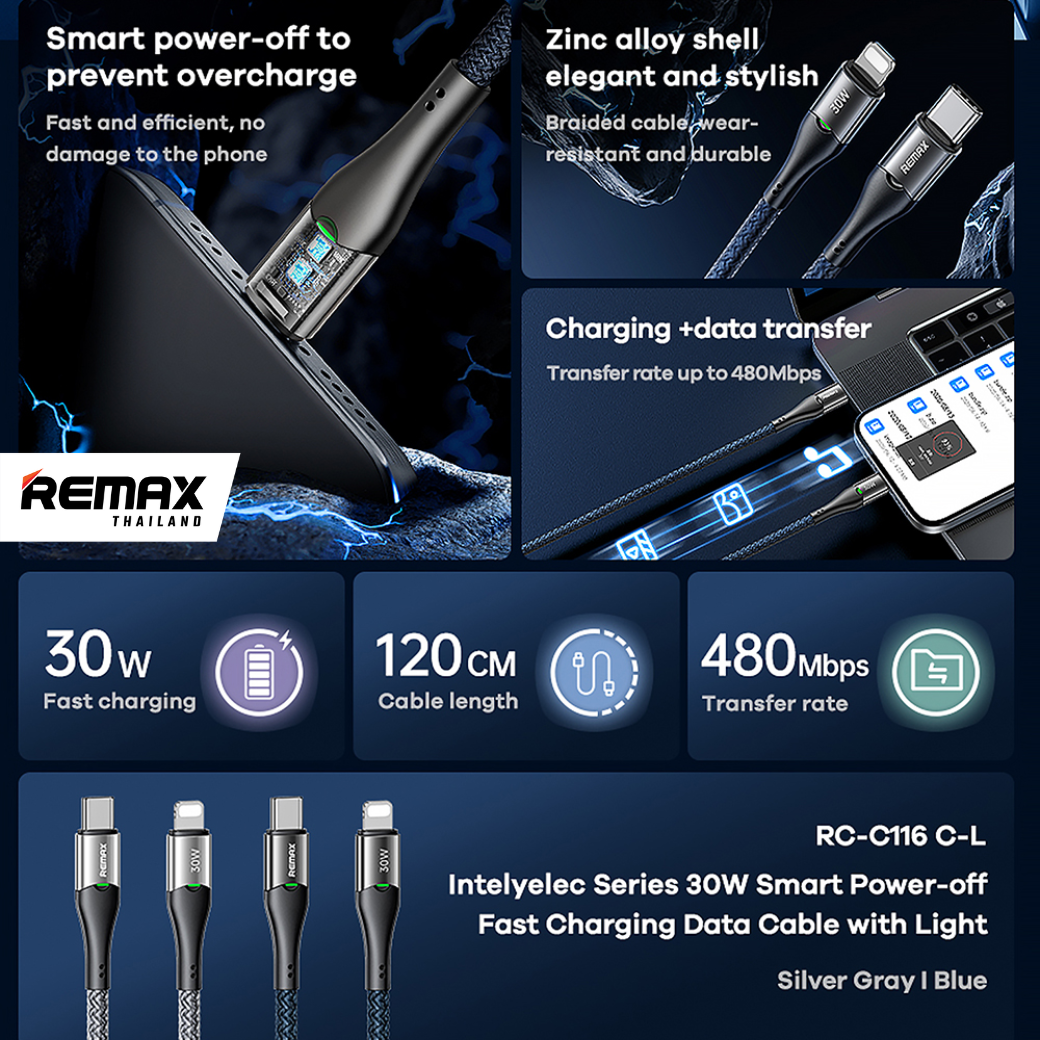 REMAX Cable Type-C to L 1.2M 30W (RC-C116) - สายชาร์จโทรศัพท์ ชาร์จเร็ว ...