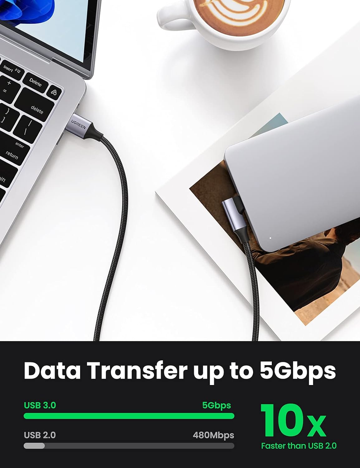 UGREEN สายชาร์จ USB 3.0 M to USB-C 3A Data Cable 1m, 90° Angled (Black ...