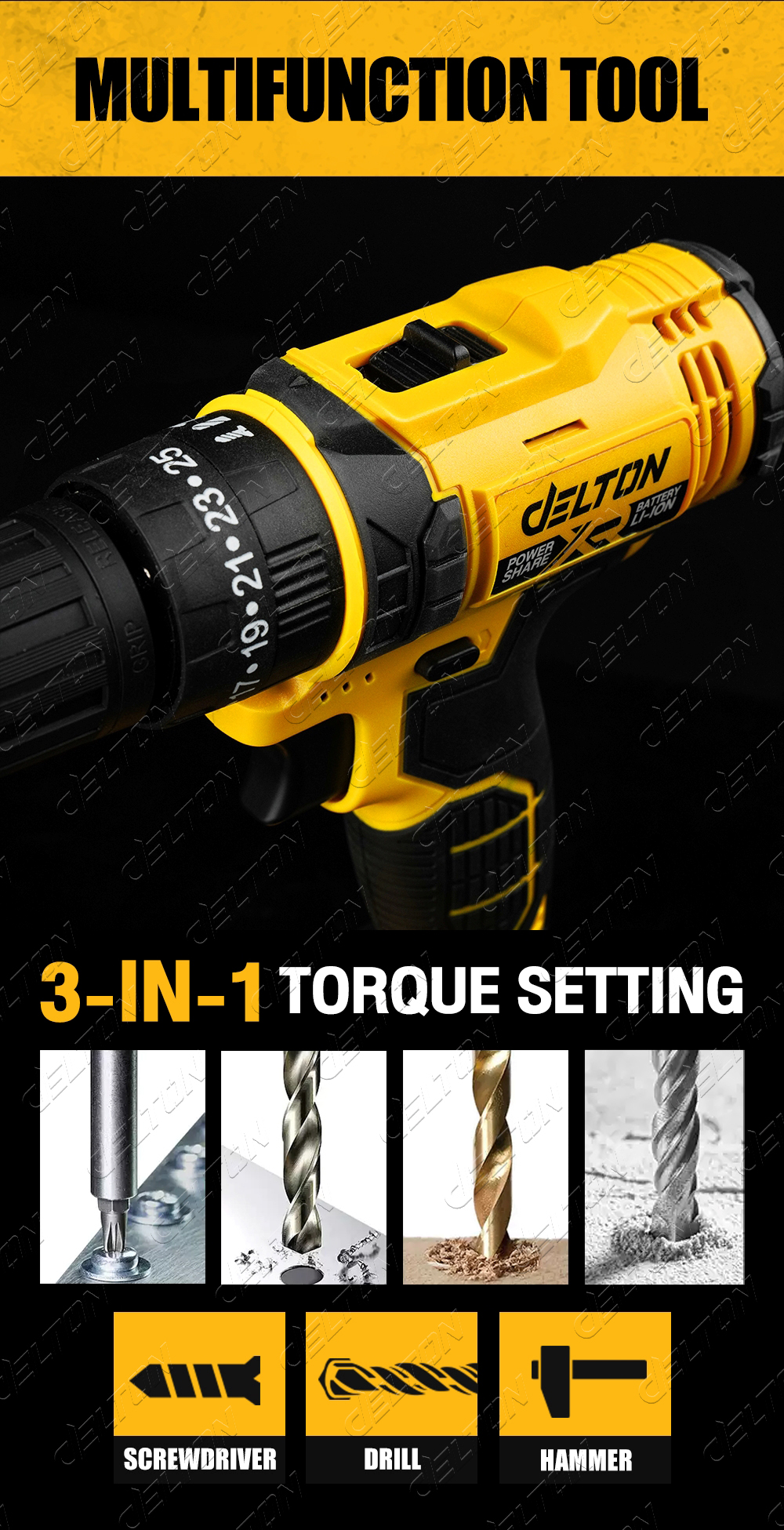 DELTON สว่านไร้สาย 3 ระบบ 99V/199V YXR Series รุ่น DCD-99VP ใช้งานร่วมกับ แบตเตอรี่ Power Share ...