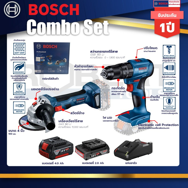 Bosch ชุดสุดคุ้ม สว่านกระแทกไร้สาย BOSCH GSB 185-LI + เครื่องเจียรไร้ ...