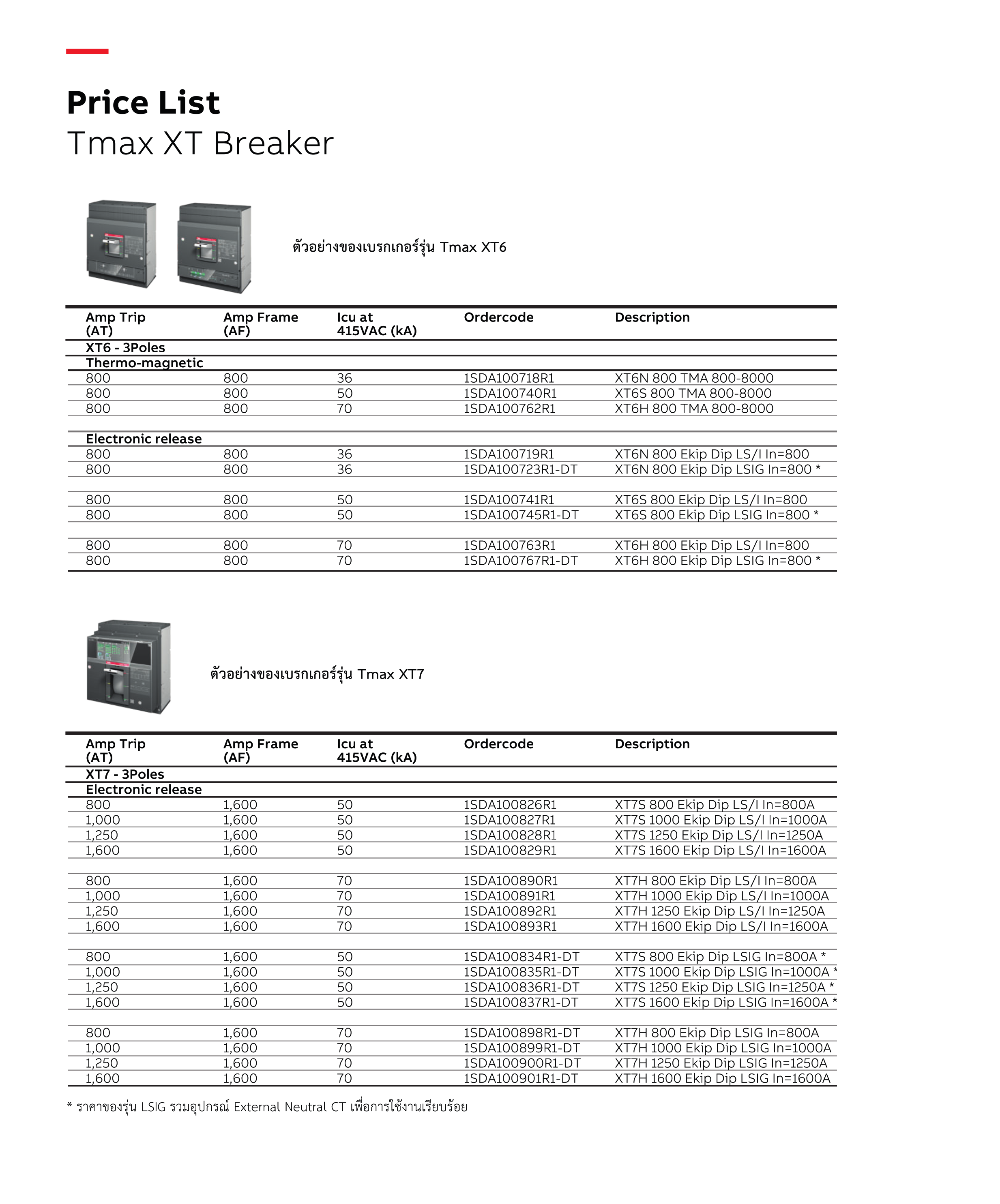 ABB เบรกเกอร์ Tmax XT XT7H (800-1600) Ekip Dip LSIG In = (800A - 1600A) 70kA 3P F F MCCB ...